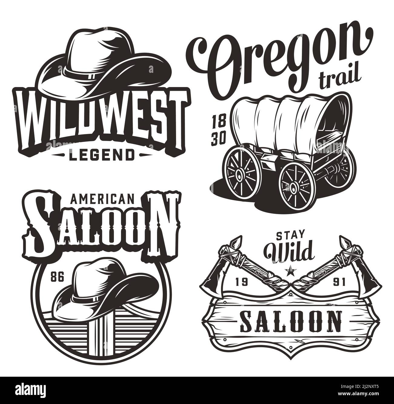 Vintage wild west emblems set with cowboy hats saloon swinging doors ...