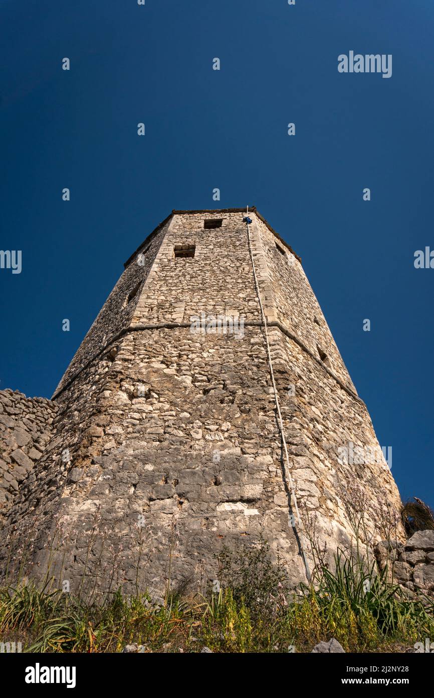 Tower of the stone fortress in Pocitelj medieval village in the ...