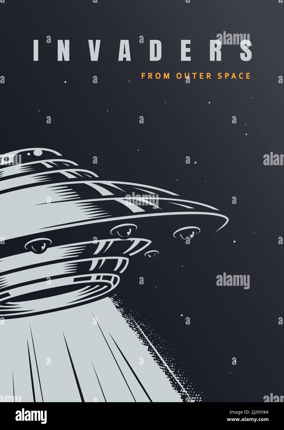 VIntage alien invasion poster with ufo on starry background vector ...