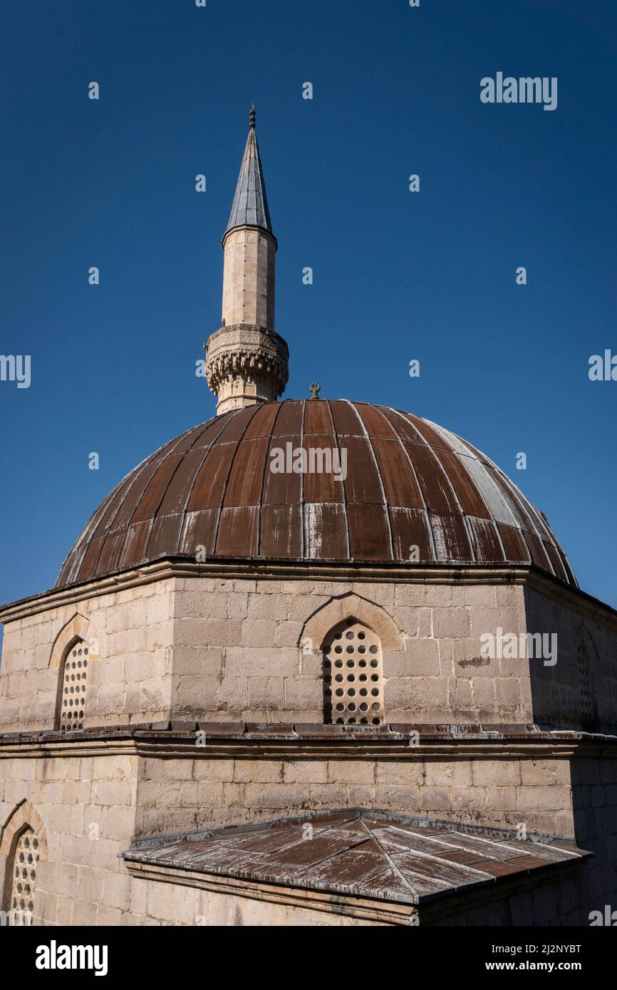 Domed roof and minaret of the mosque in Pocitelj medieval village in ...