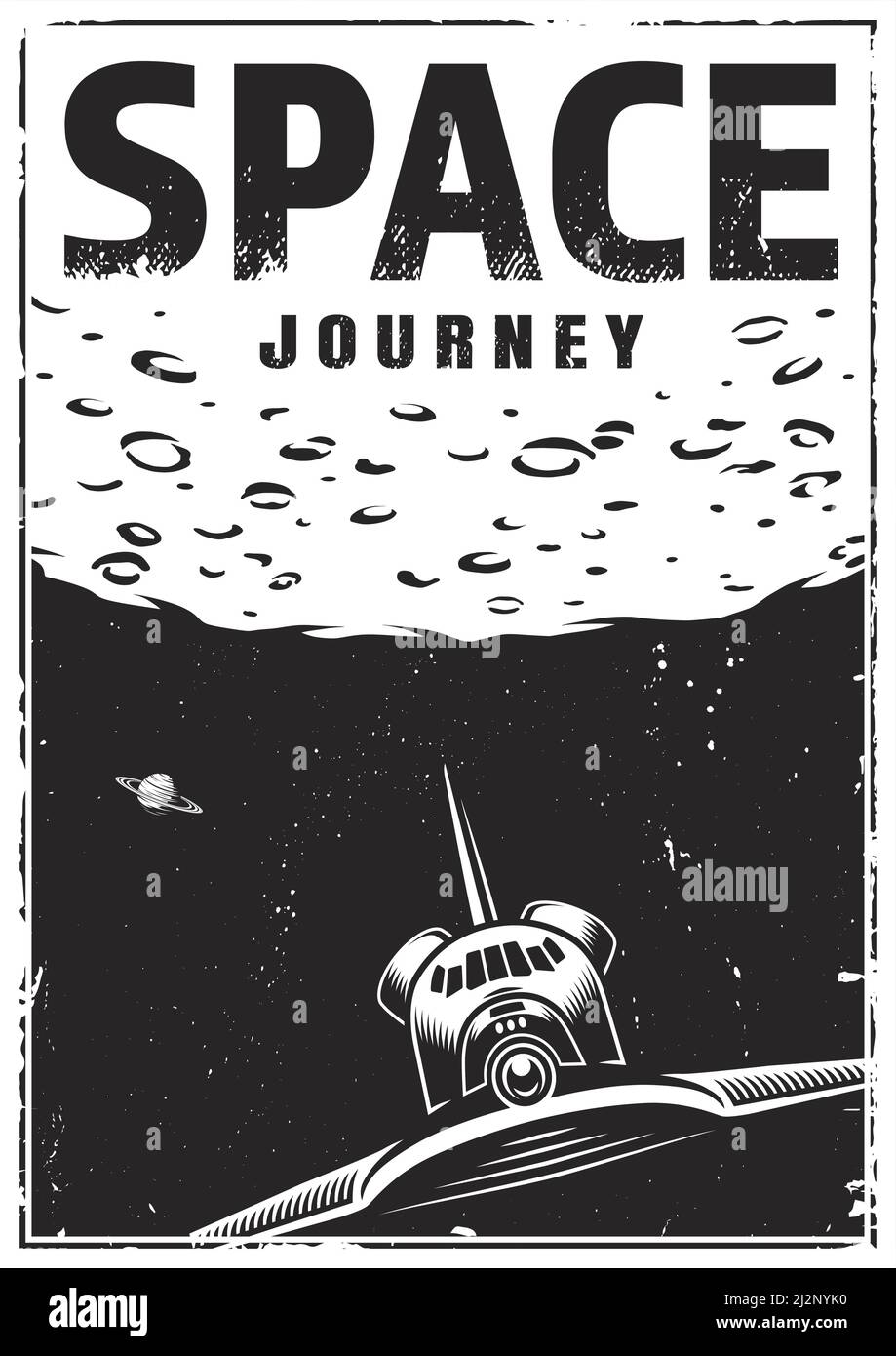 Vintage monochrome space travel poster with flying shuttle on moon ...