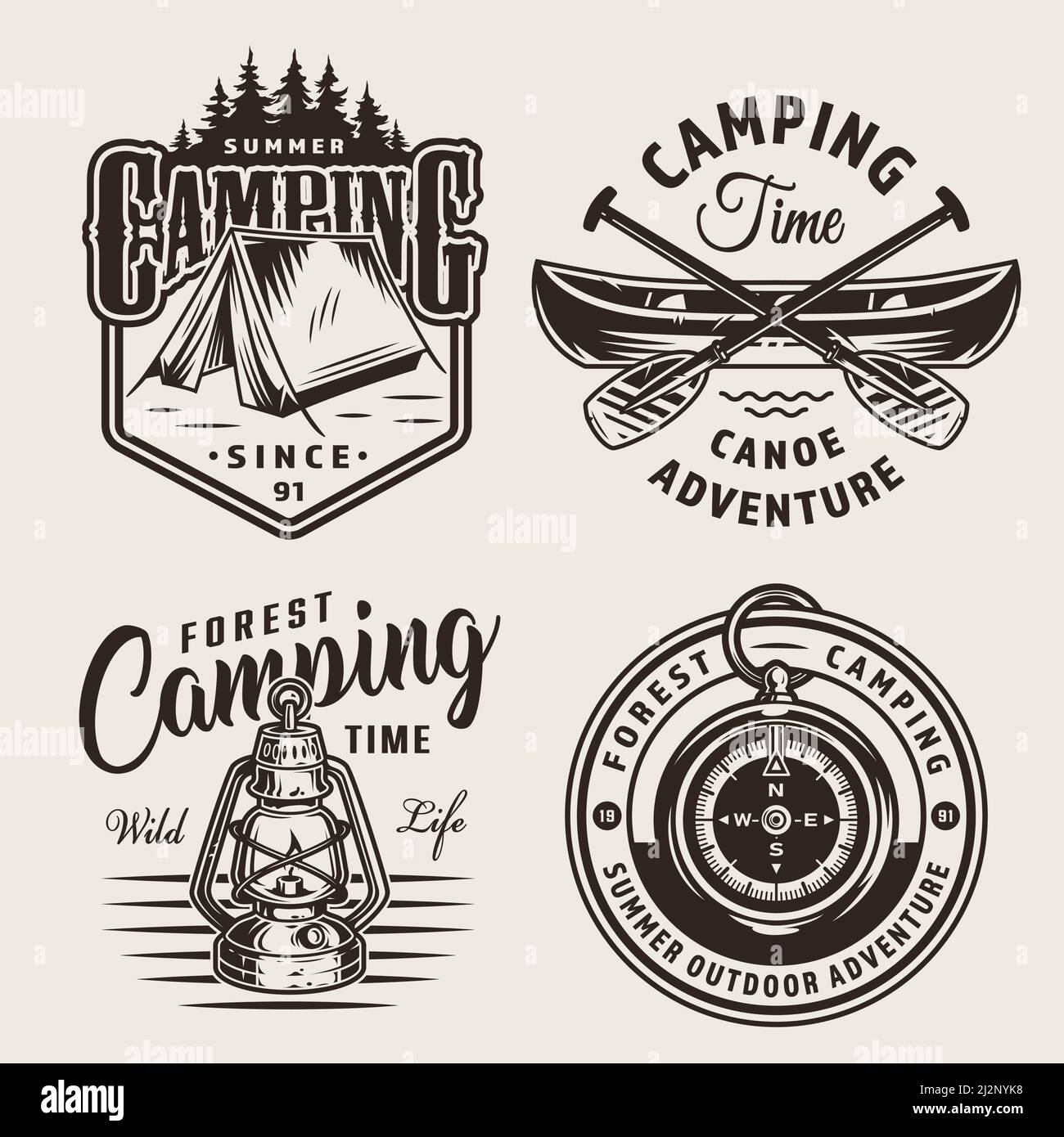 Vintage outdoor recreation logos with tent forest canoe crossed paddles ...