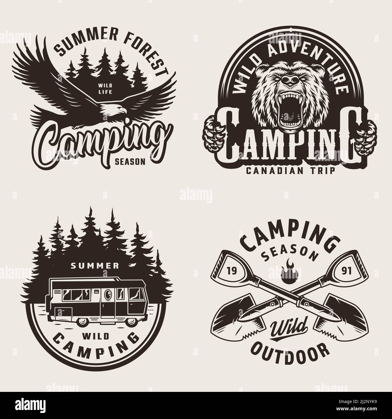 Vintage summer camping emblems with eagle aggressive bear travel truck ...