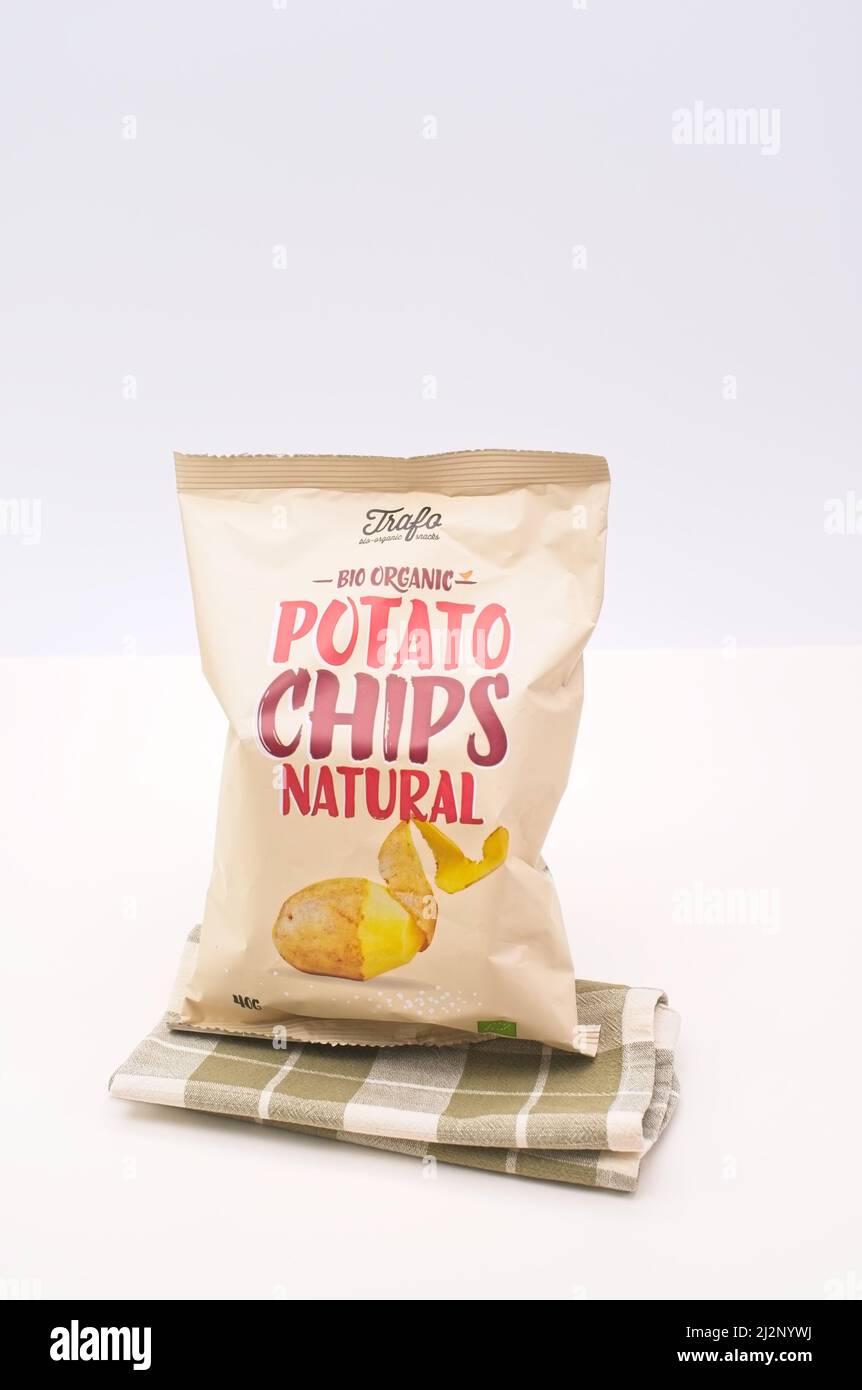 Natural potato chips in a plastic package - Snack and appetizer concept ...