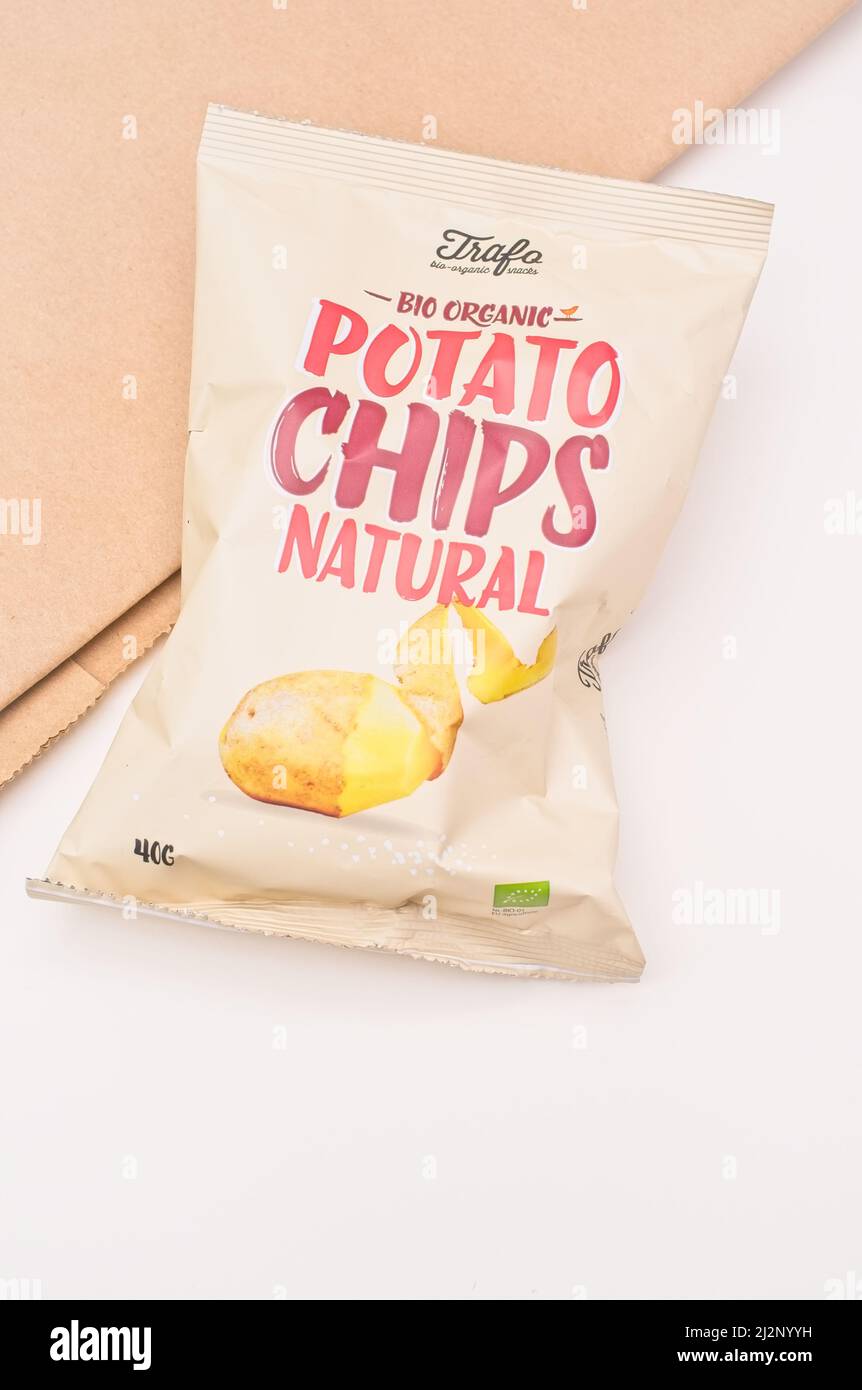 Natural potato chips in a plastic package - Snack and appetizer concept ...
