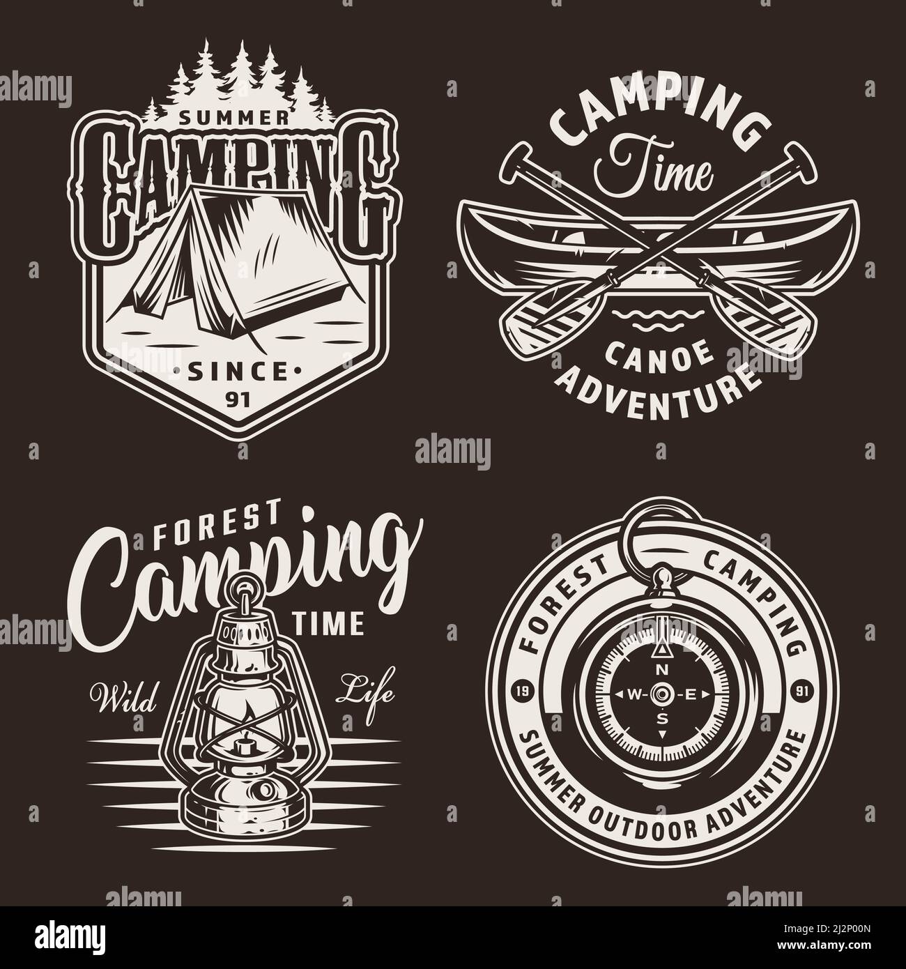 Vintage monochrome camping prints with tent canoe crossed paddles ...