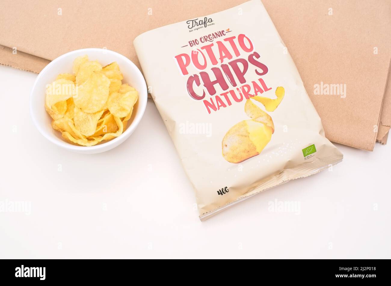 Natural potato chips in a plastic package - Snack and appetizer concept ...