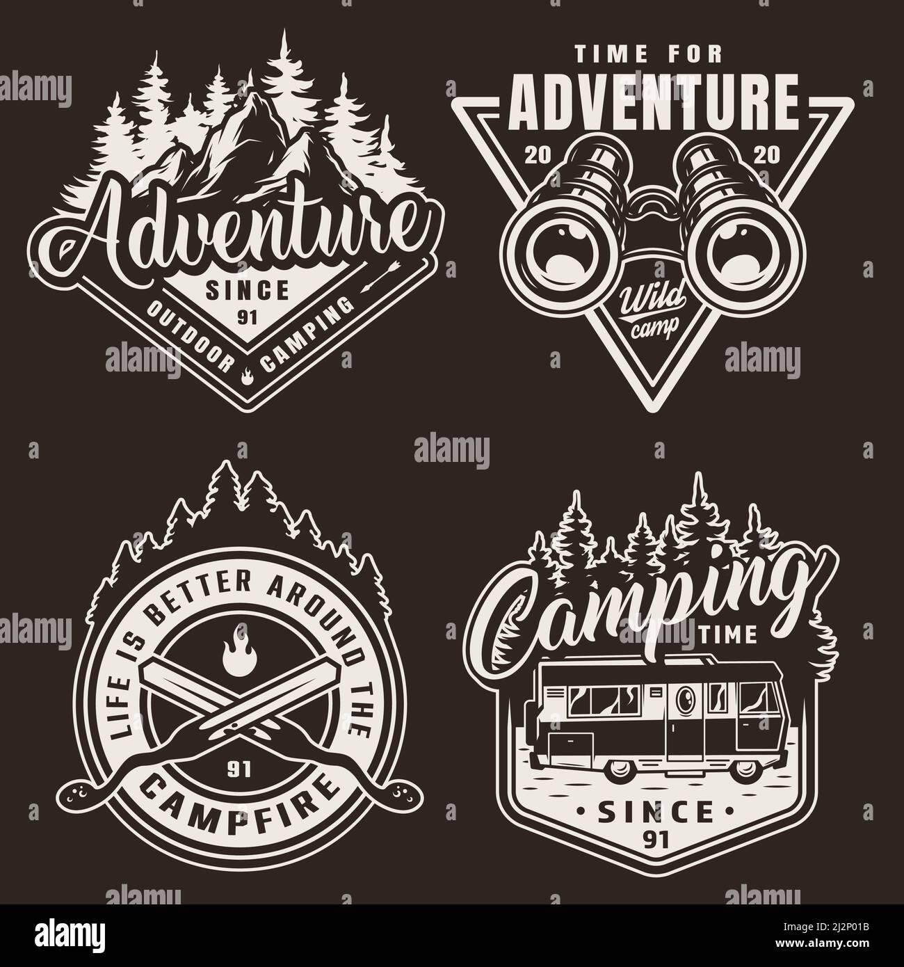 Vintage monochrome camping labels with binoculars crossed skewers ...