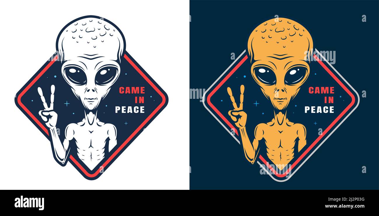Alien showing peace sign colorful label in vintage style isolated ...