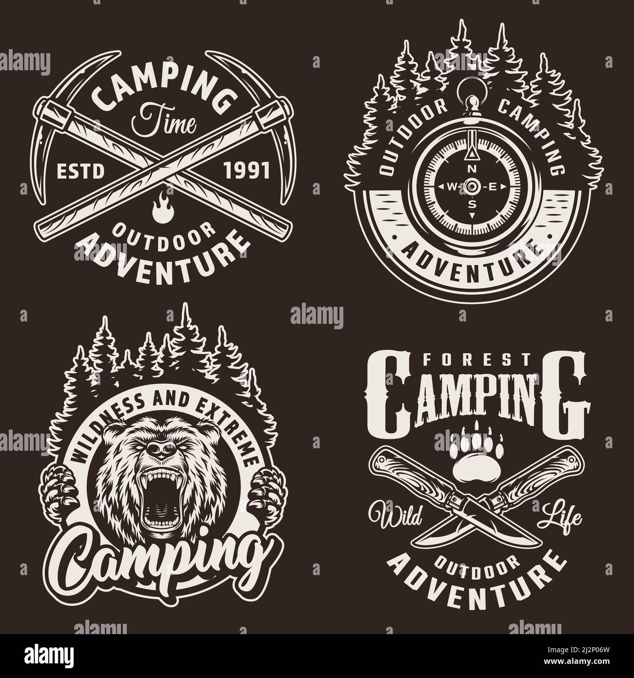 Monochrome camping logos with navigational compass angry bear head ...