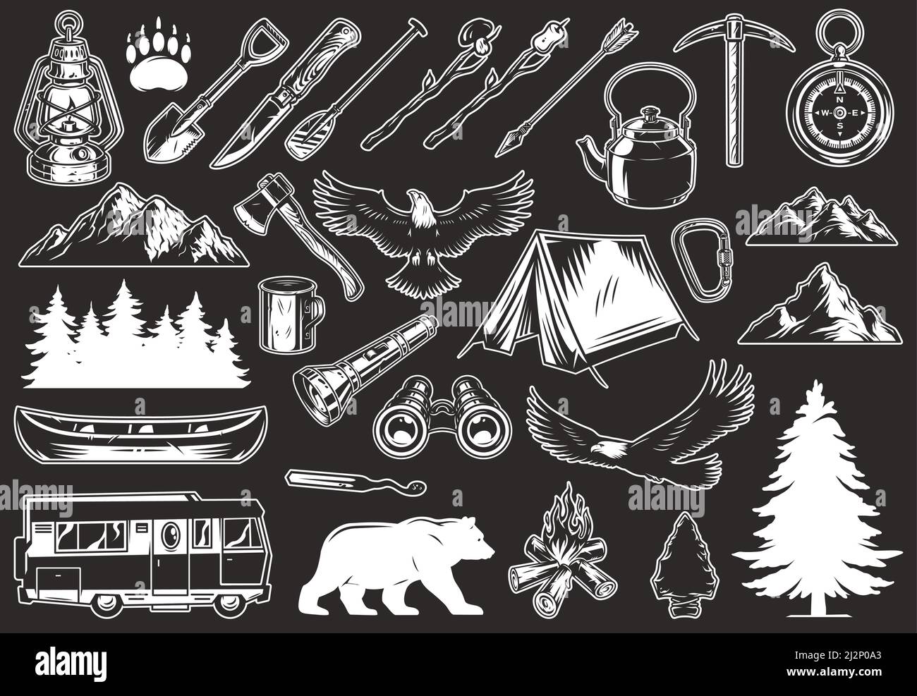 Vintage outdoor recreation elements collection with animals forest and ...