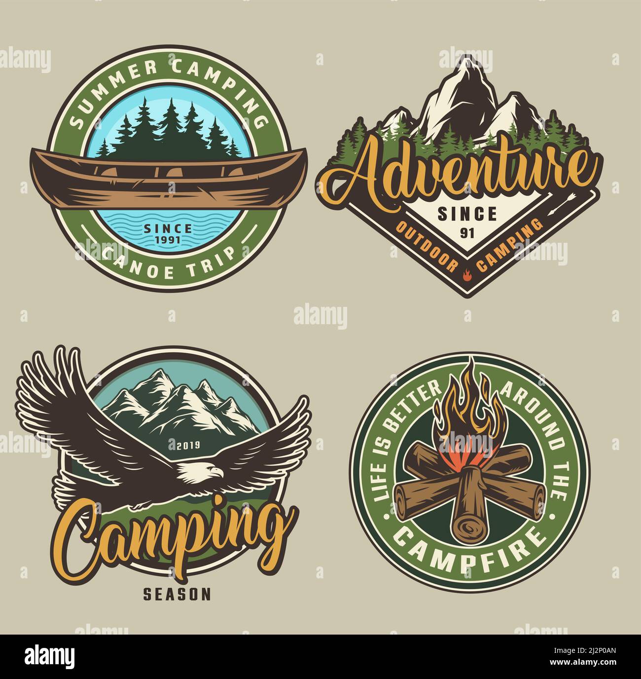 Vintage summer camping colorful prints with canoe flying eagle campfire ...