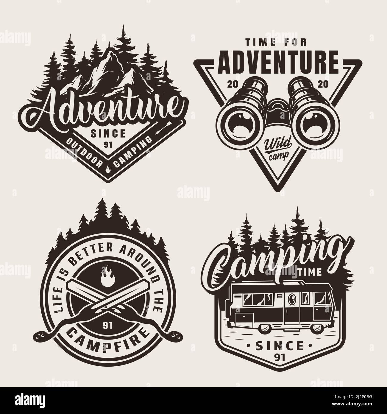 Vintage monochrome summer adventure emblems with mountains forest ...