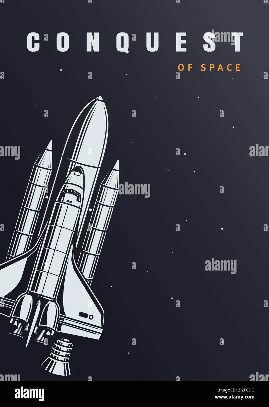 Vintage space exploration poster with flying spaceship vector ...