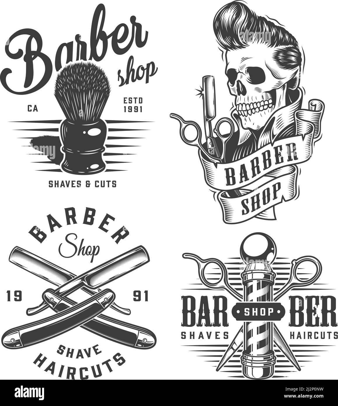 Vintage monochrome barbershop prints with shaving brush scissors barber ...