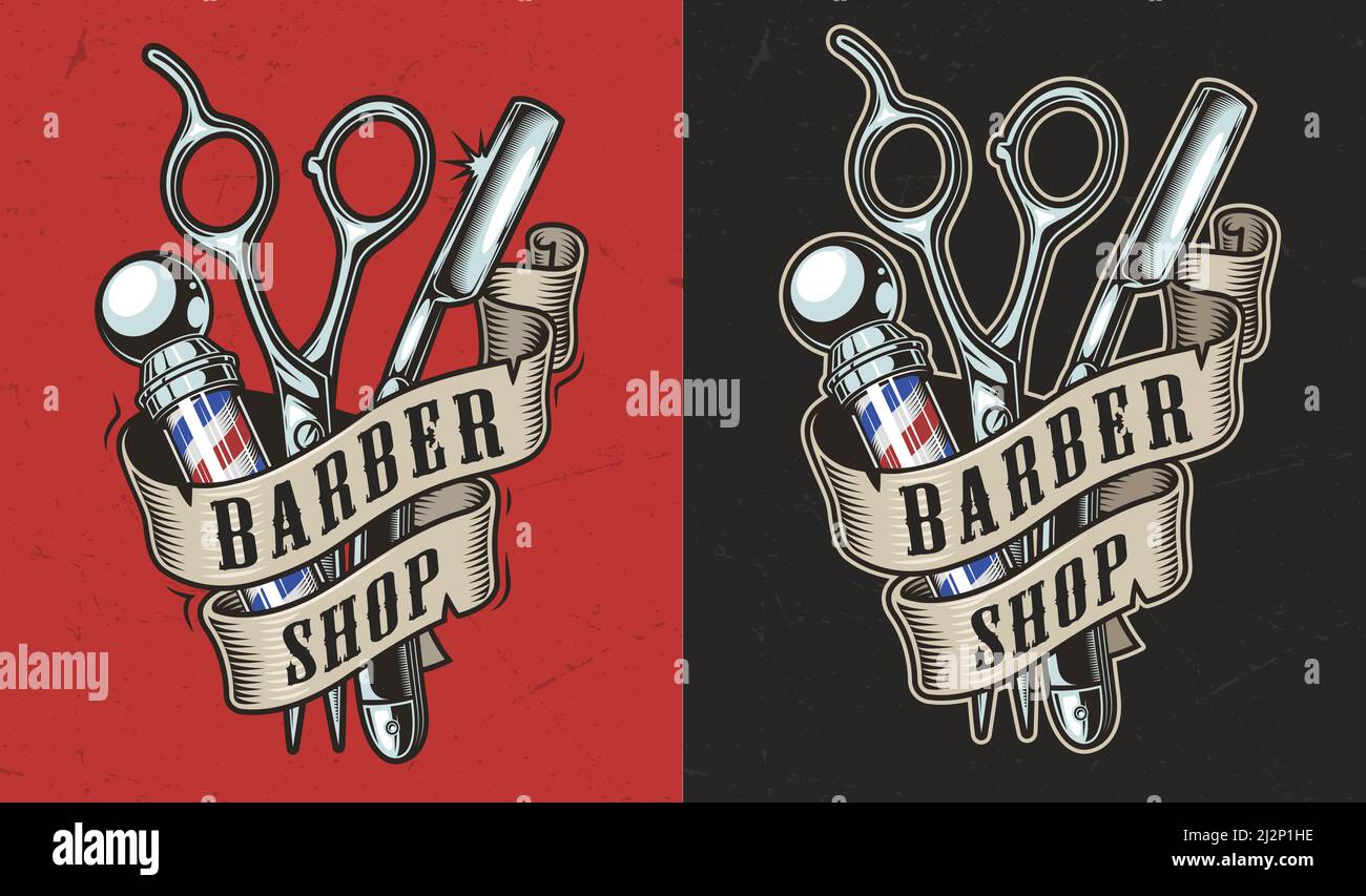 Vintage barbershop colorful label with ribbon around barber pole ...