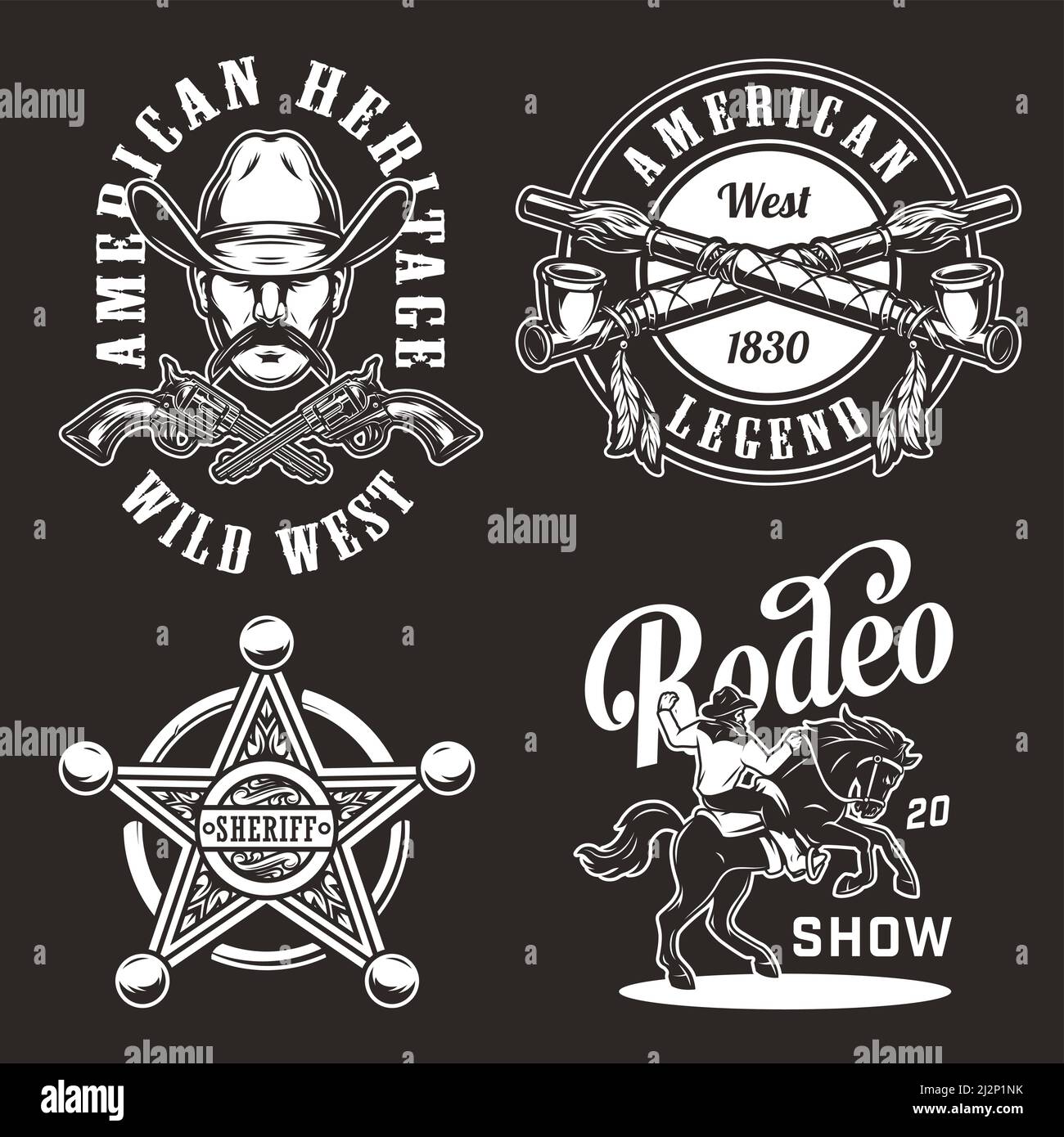 Vintage wild west prints set with cowboy head crossed smoking pipes ...