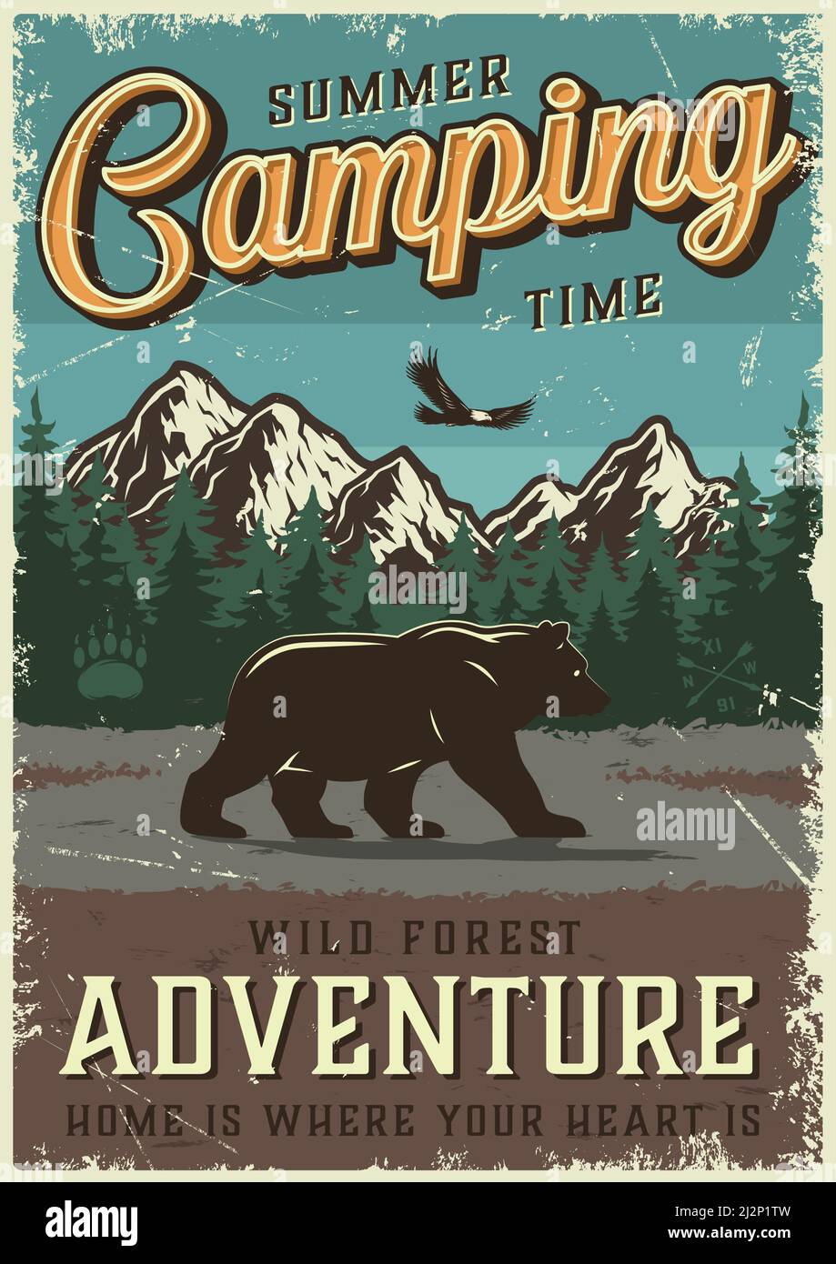 Vintage summer outdoor recreation poster with walking bear flying bird ...