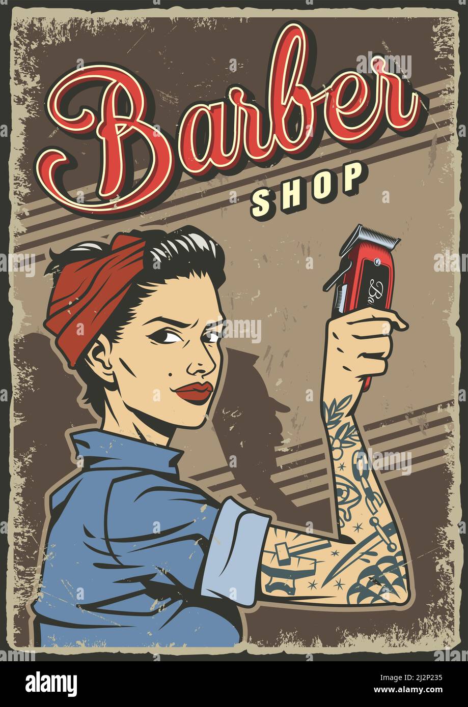 Vintage barbershop colorful poster with pin up pretty woman in uniform ...