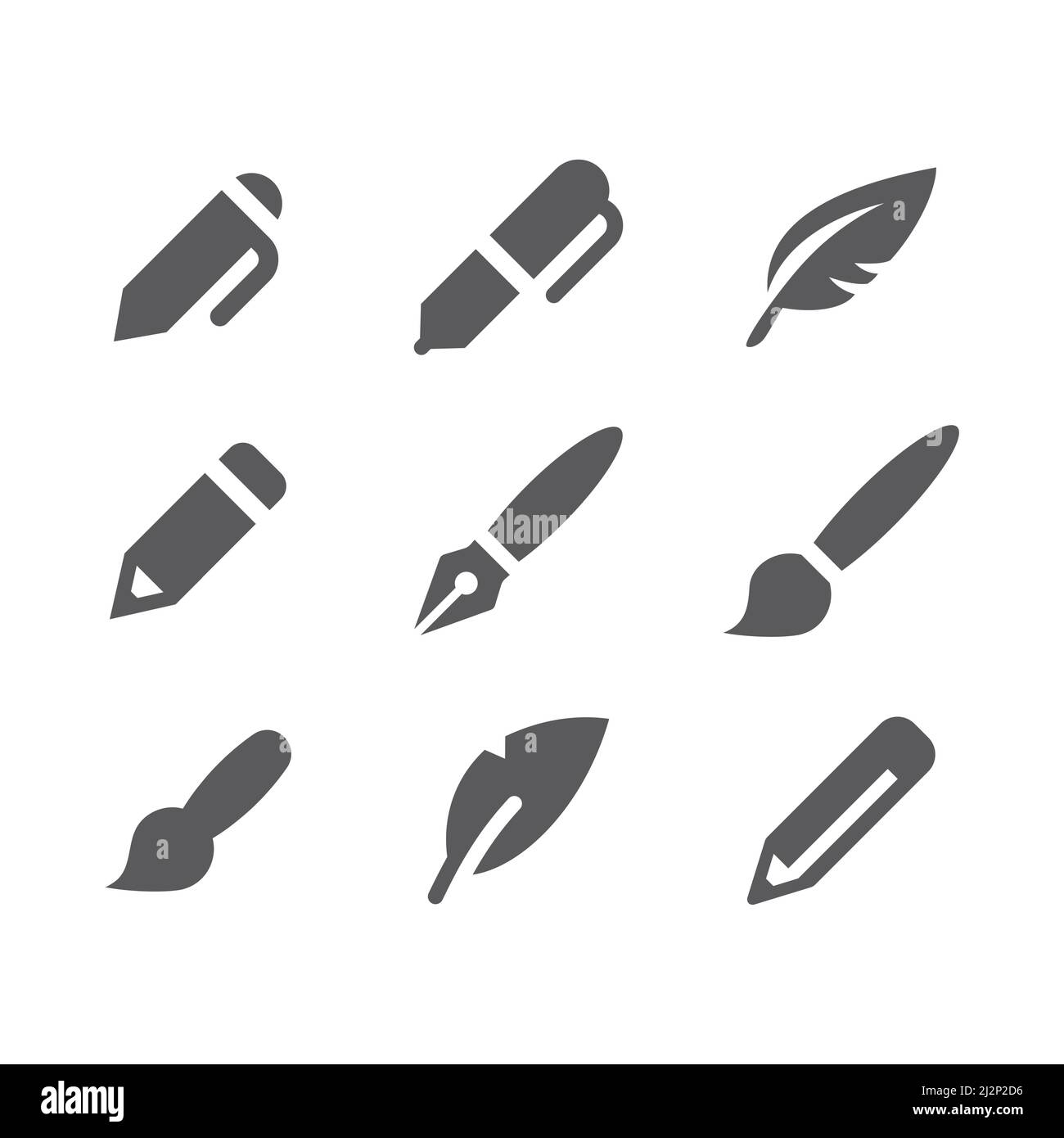 Pen, pencil black vector icon set. Quill and brush filled symbols Stock ...