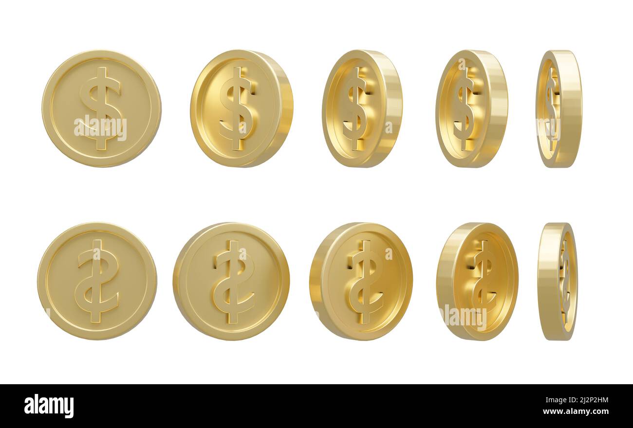 Collection of golden dollar coin in different shape on white background ...