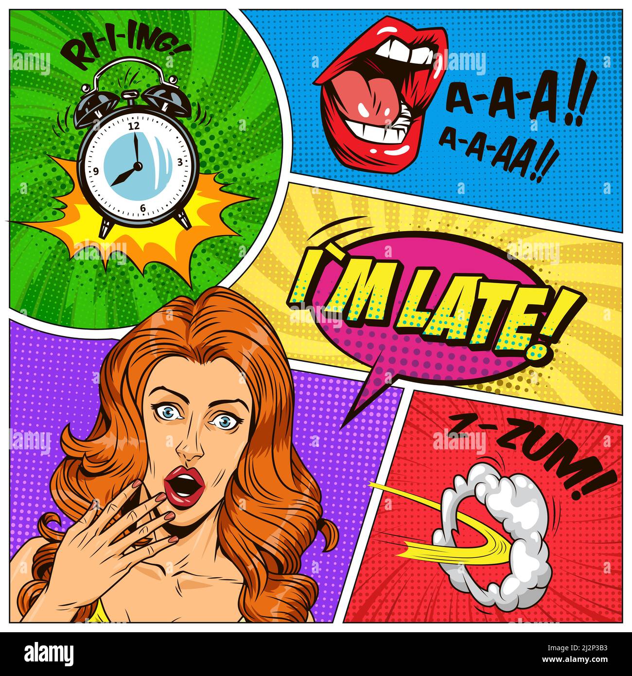 Comic book bright concept with surprised attractive girl alarm clock ...