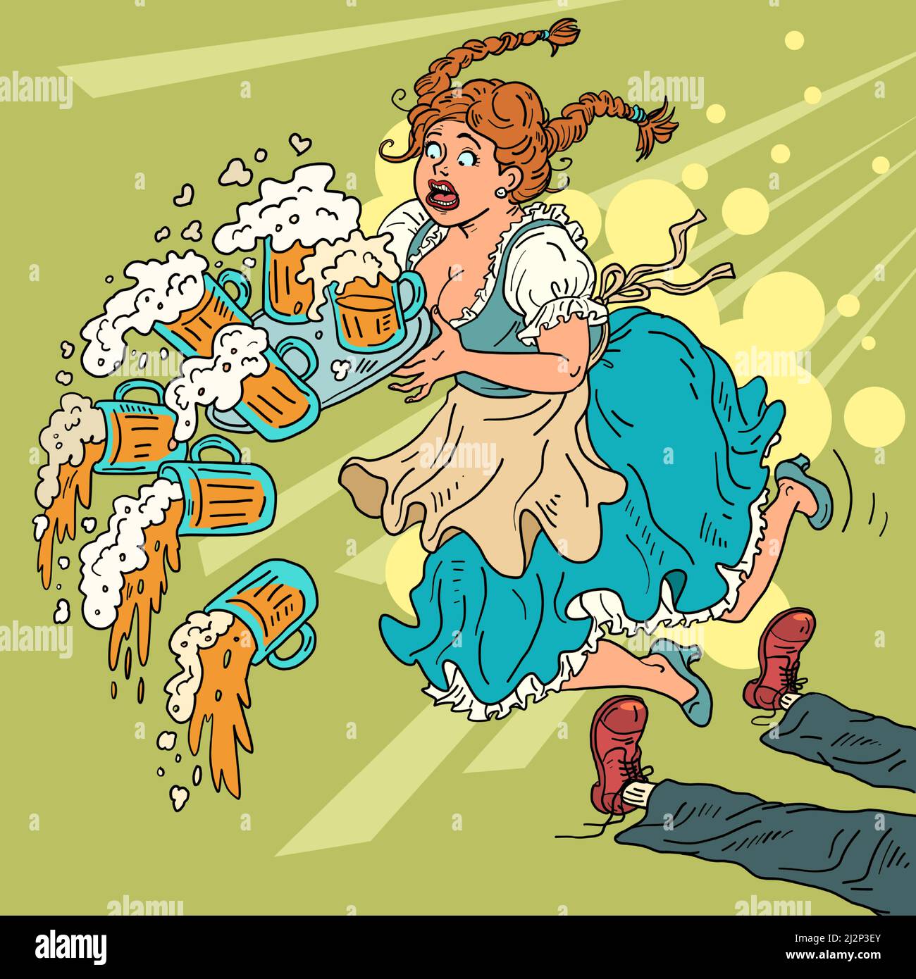 The girl tripped over a drunk customer, drops the beer. a waitress with ...