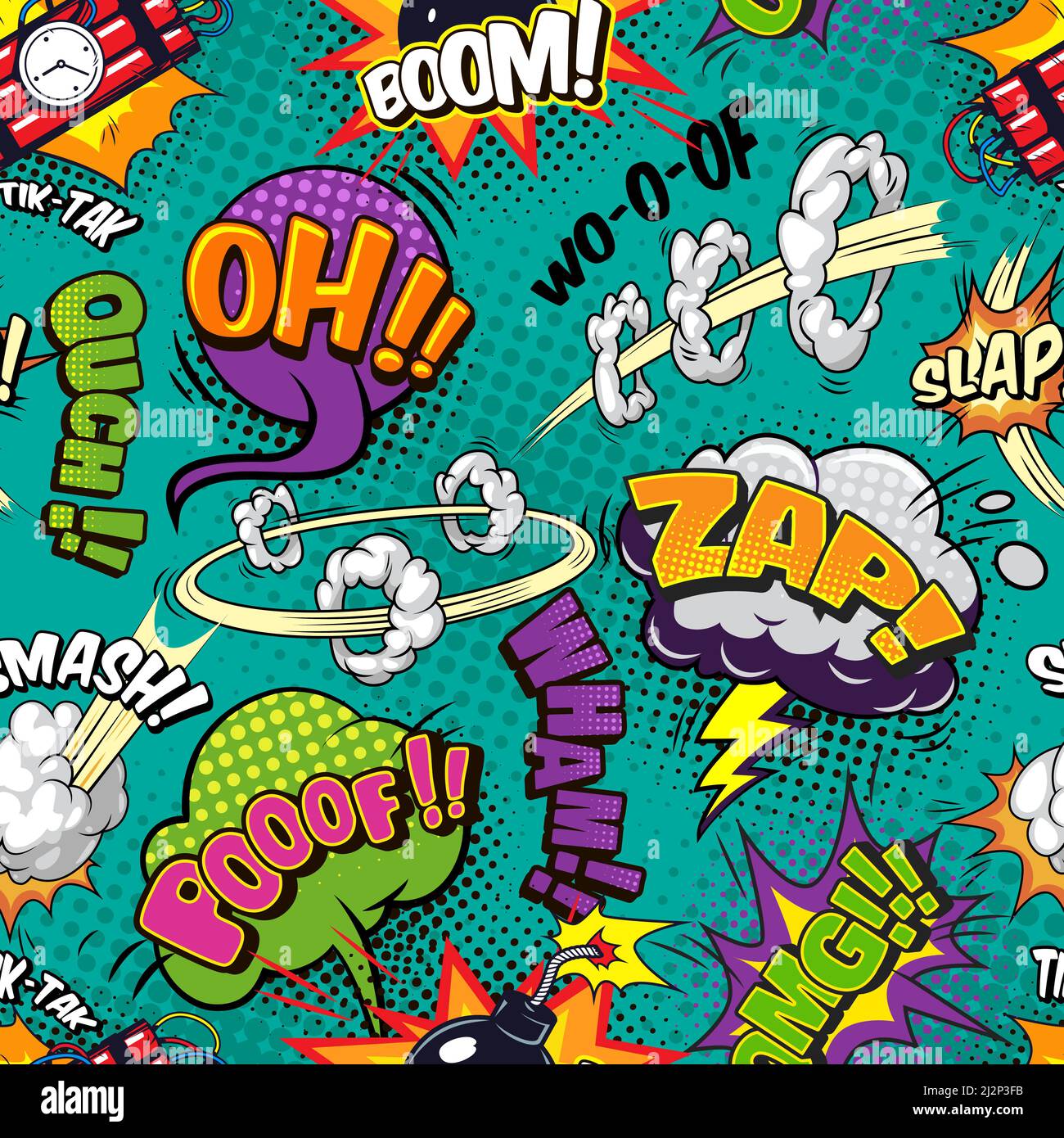 Comic bright seamless pattern with colorful speech bubbles wordings ...