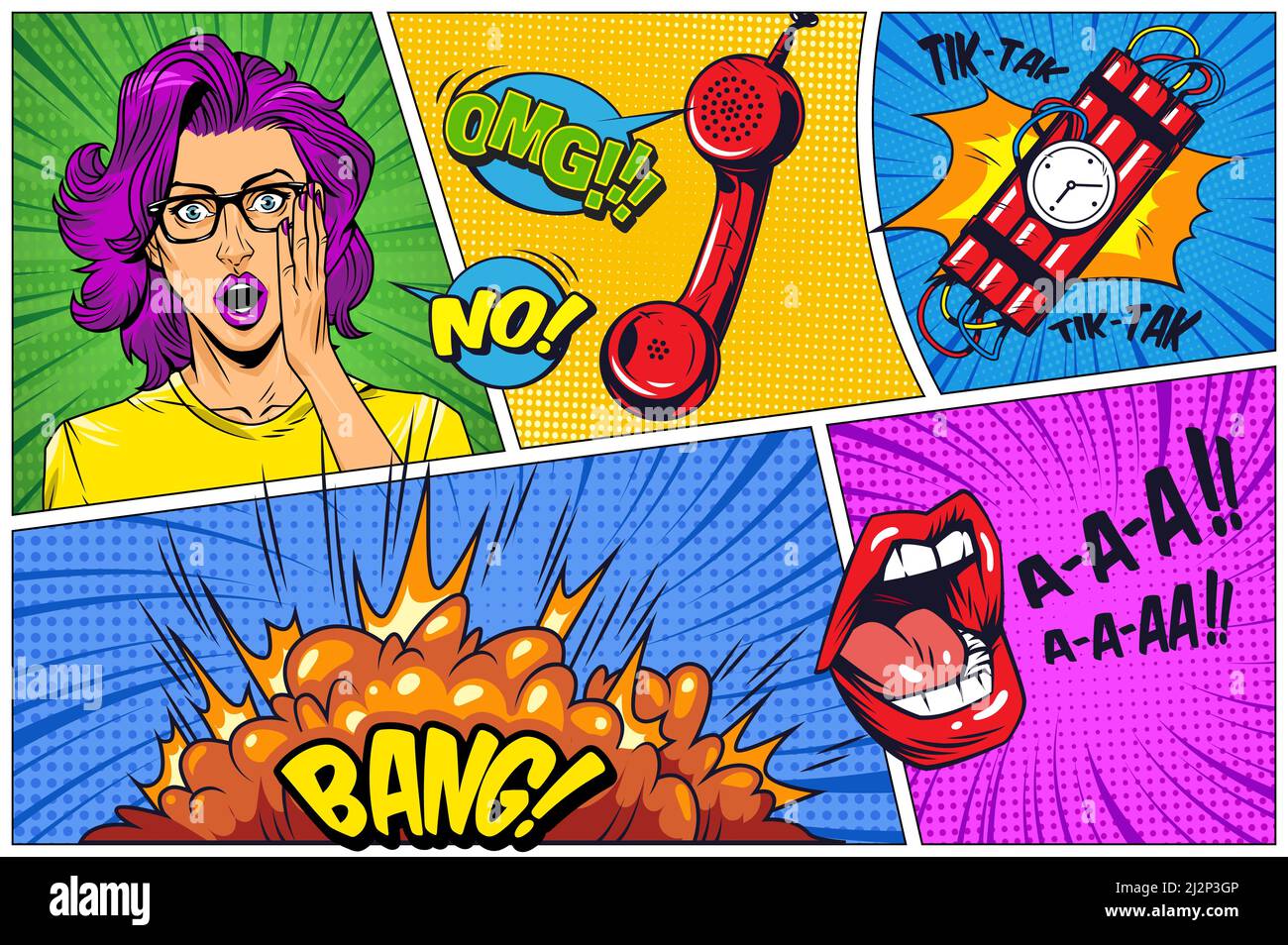 Comic book colorful background with surprised pretty woman phone ...