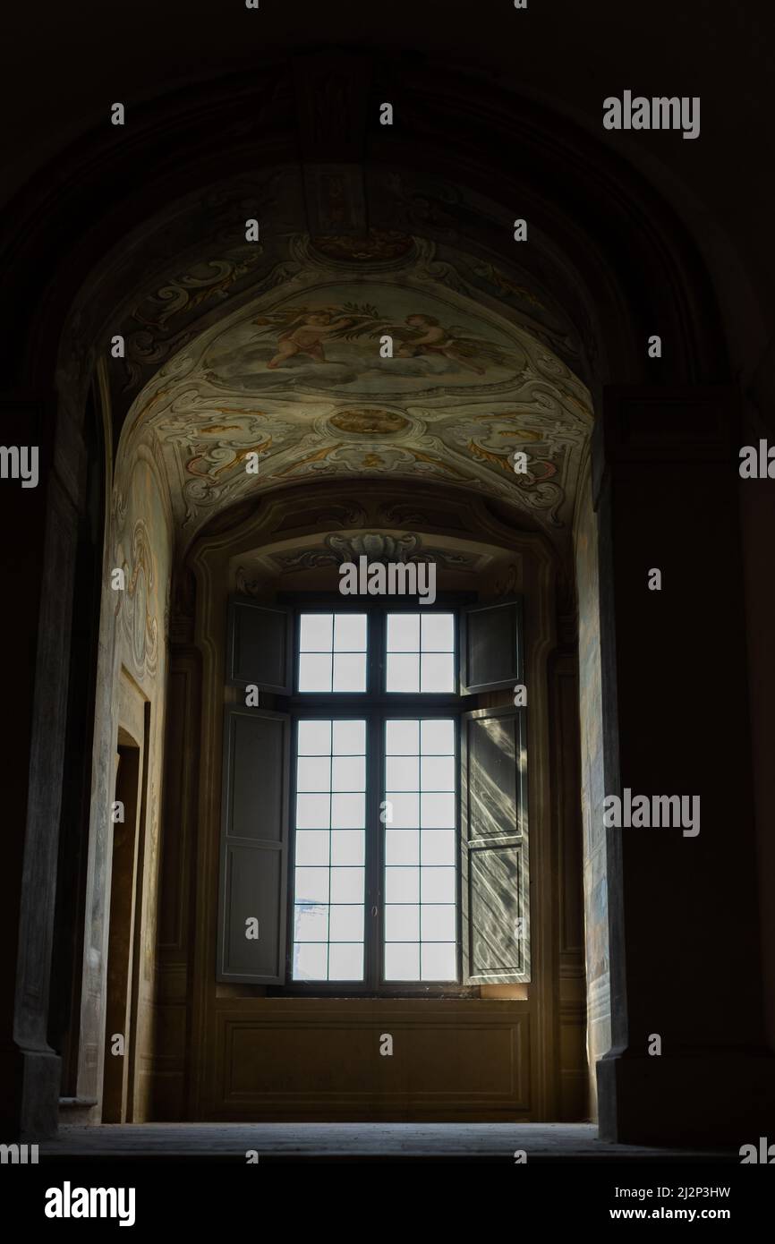 an old vintage european architecture window inside the corridor Stock ...