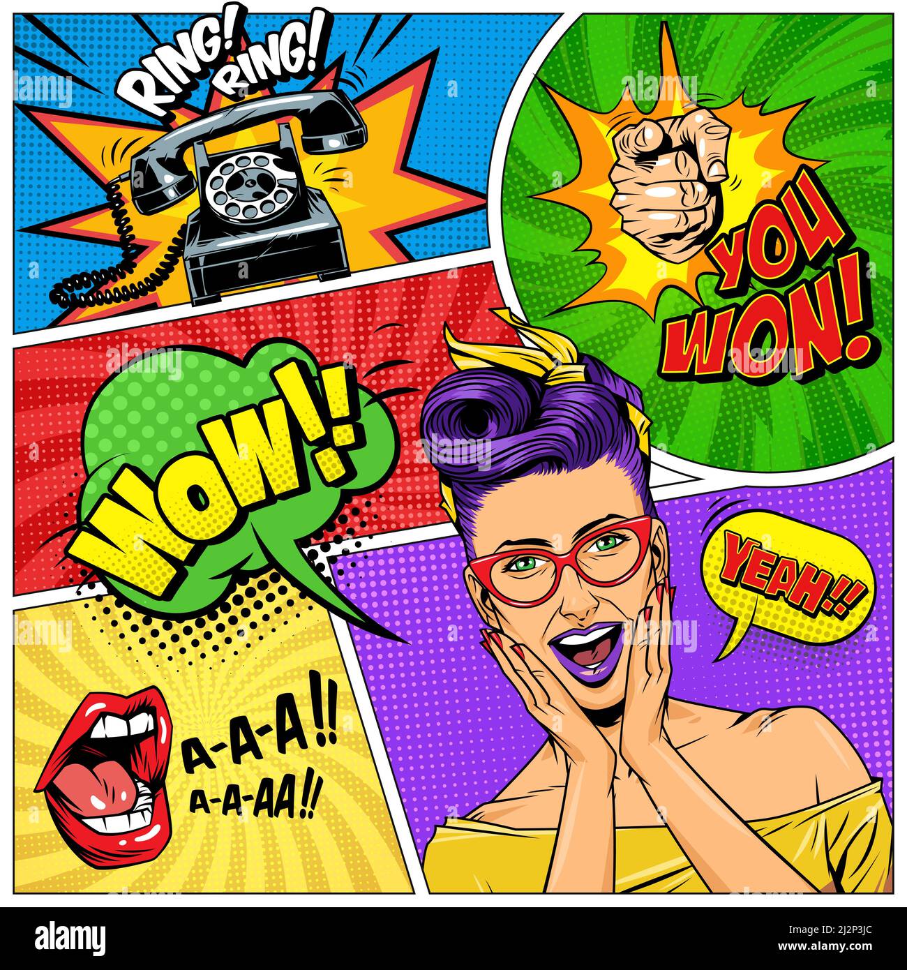 Comic colorful composition with wonder beautiful girl telephone ...