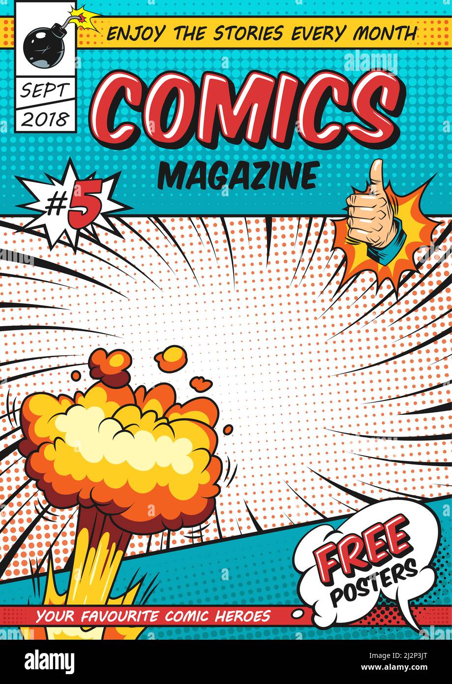 Comics poster design template with burst speech bubbles twisted rays ...
