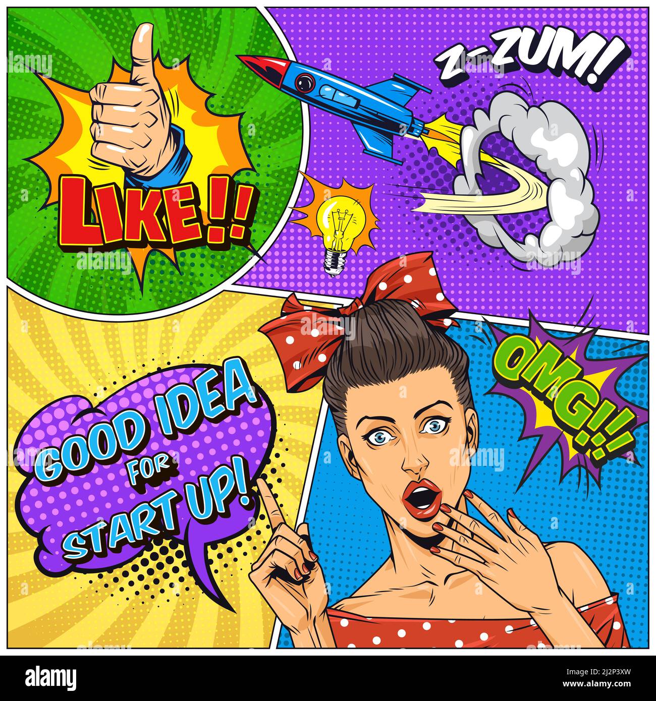 Comic book page concept with wonder attractive woman thumb up hand ...