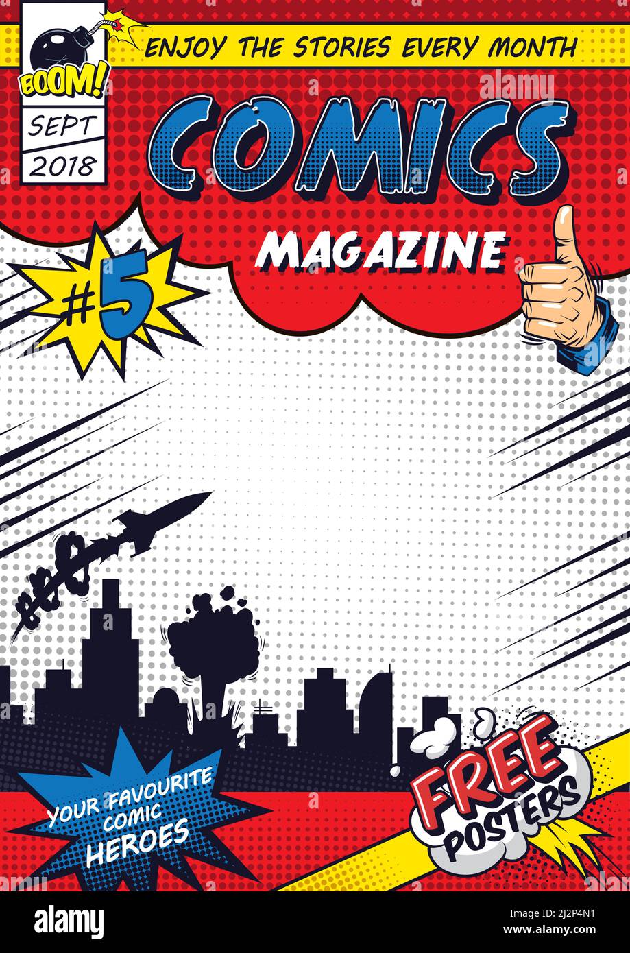 Comic colorful poster with flying rocket city silhouette explosion ...