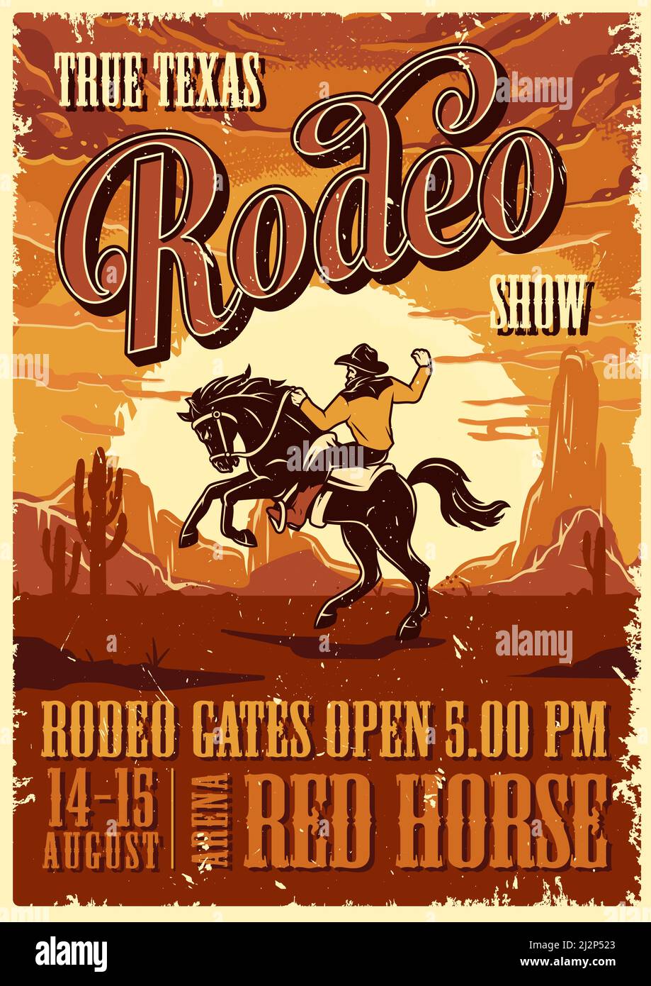 Vintage rodeo advertising poster with inscriptions and cowboy riding ...
