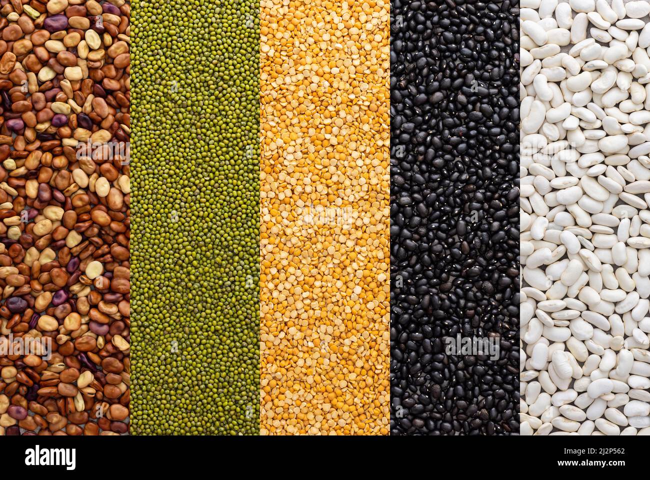 Different types of legumes, brown and mung beans, yellow peas and white ...