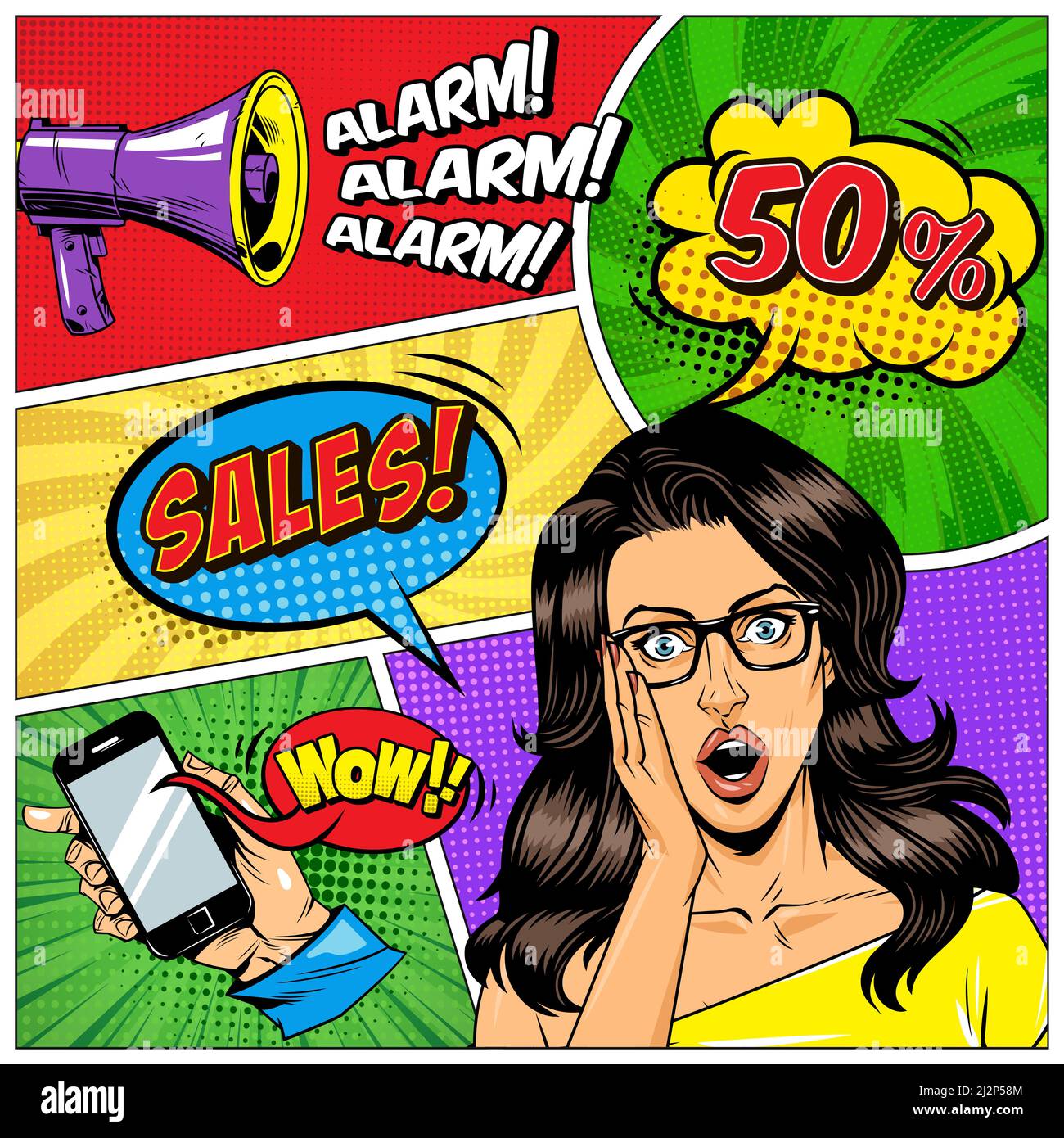 Comic book page template with surprised girl hand holding mobile ...