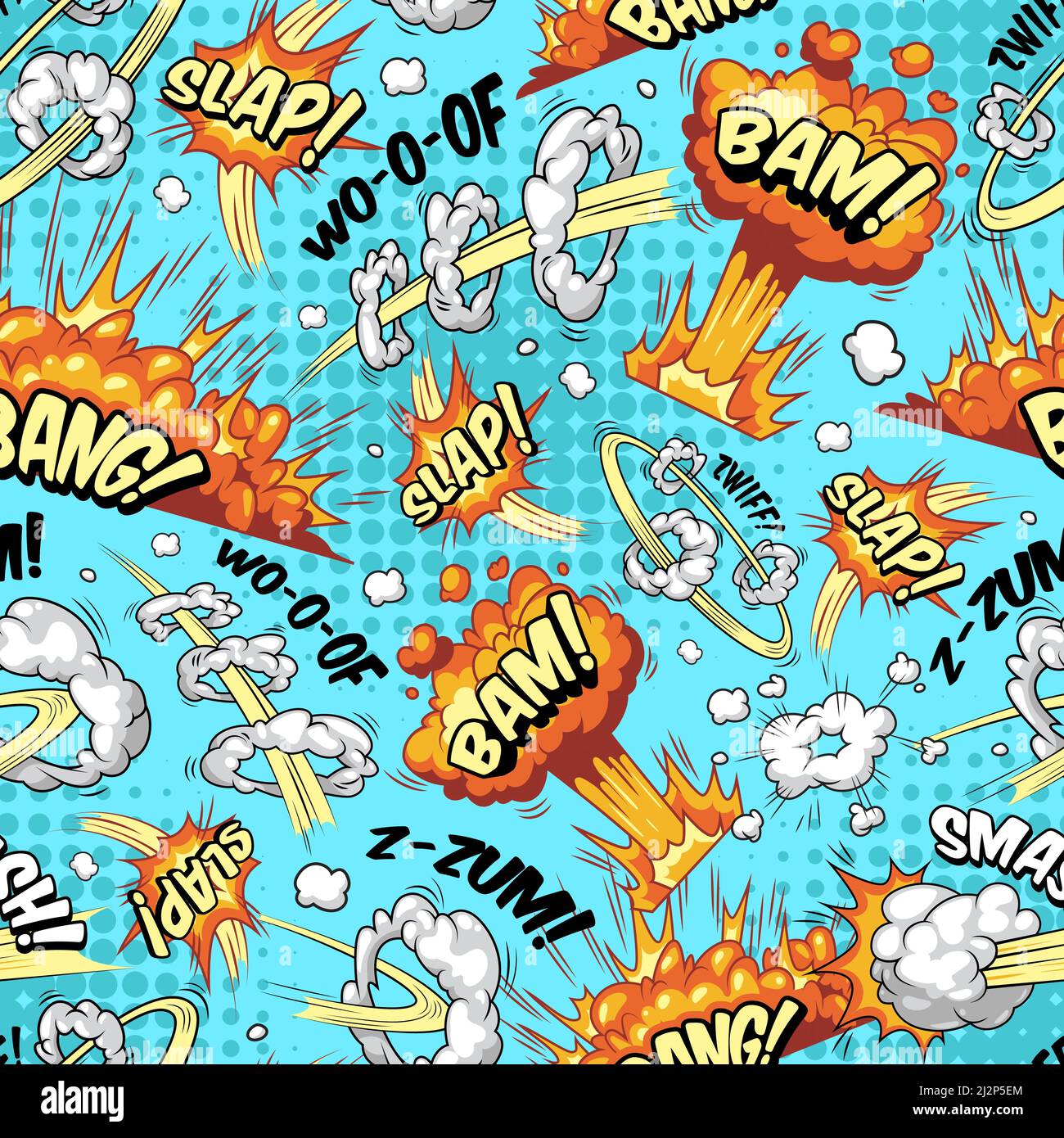 Comic colorful explosive seamless pattern with explosions bursts smoke ...