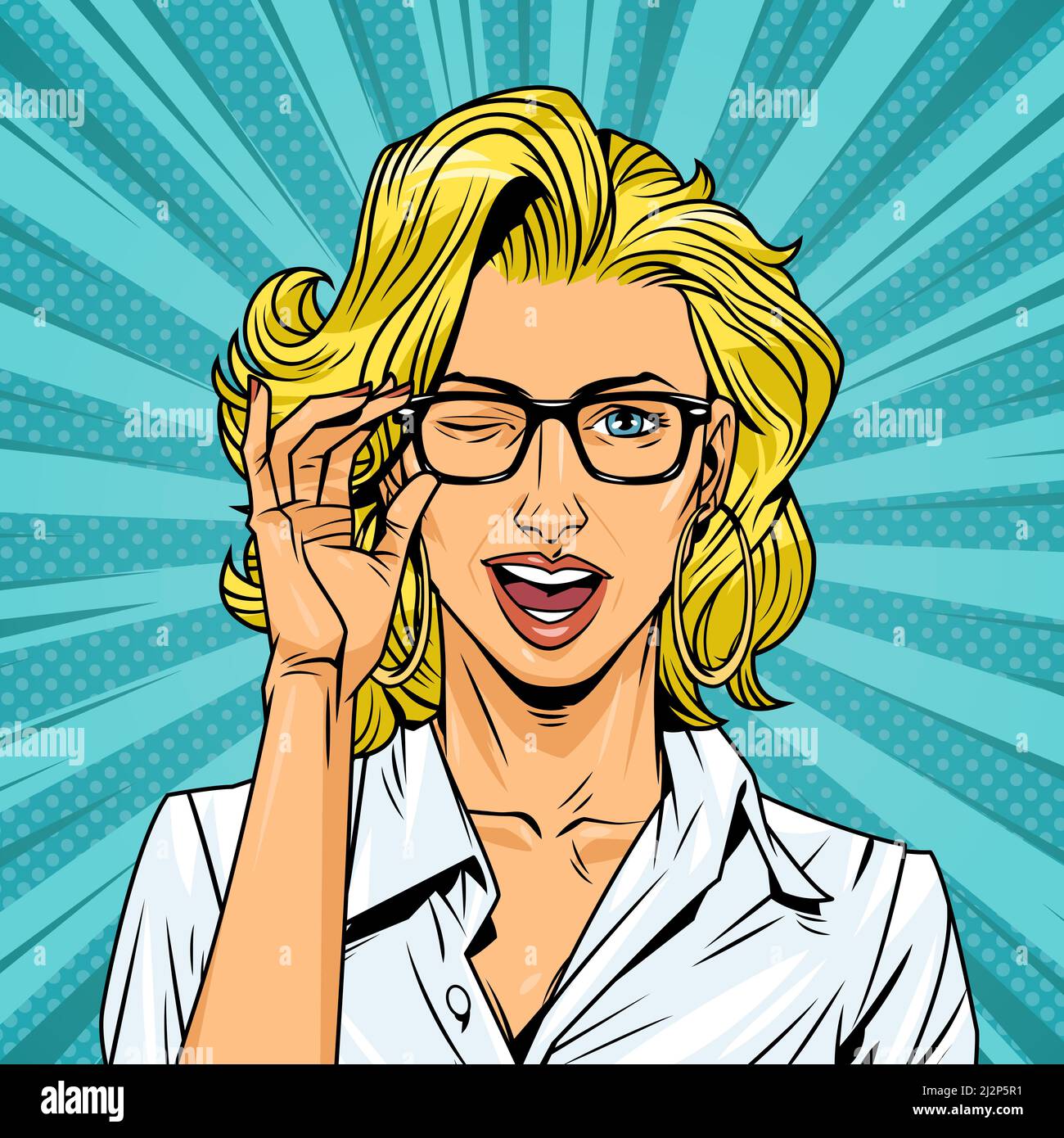 Comic Winking Pretty Blonde Girl In White Blouse With Glasses On Radial