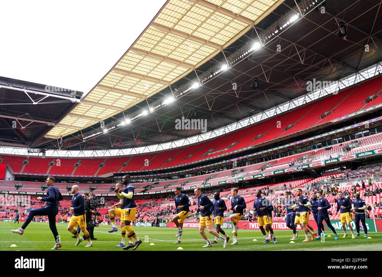 Sutton United players warming up before the Papa John's Trophy final at ...