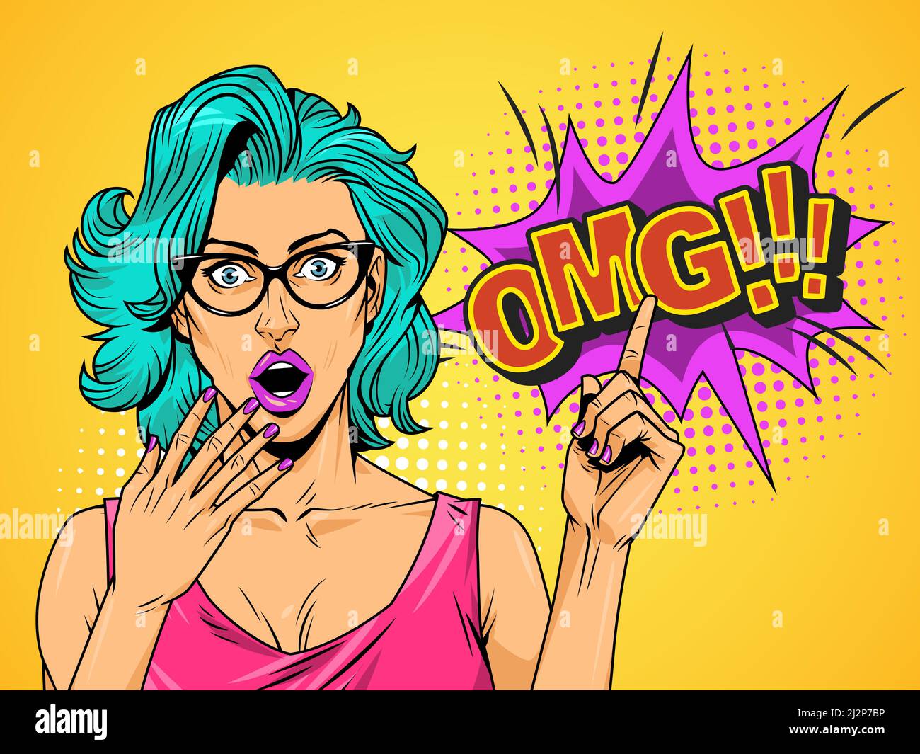 Comic page bright concept with attractive surprised woman pointing at ...