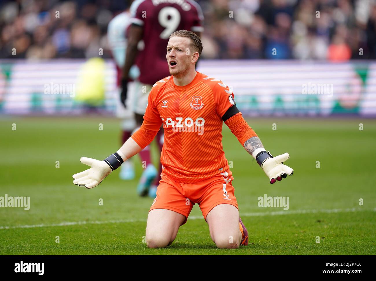 Everton goalkeeper Jordan Pickford reacts during the Premier League ...