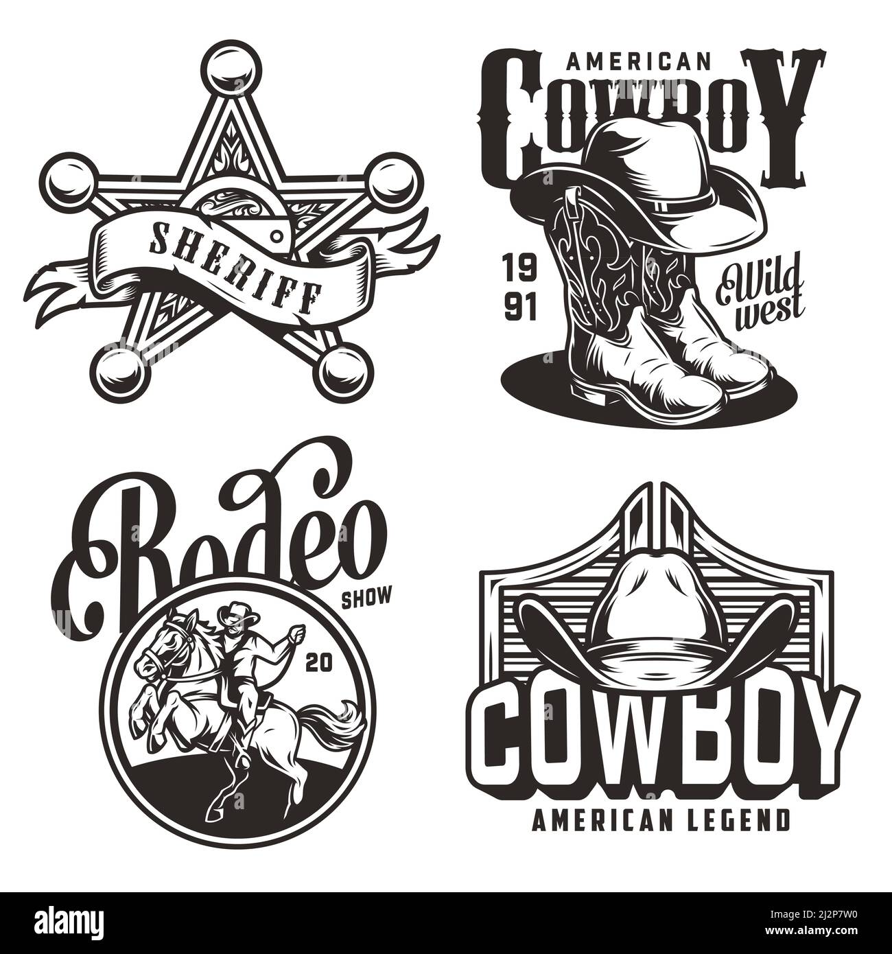 Vintage monochrome wild west emblems with sheriff badge star cowboy hat ...