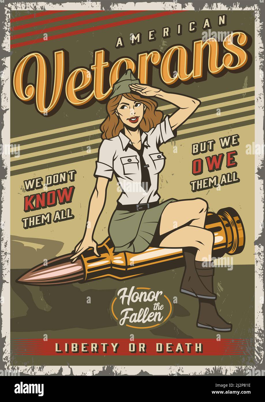 Vintage colorful military template with pin up attractive soldier girl ...