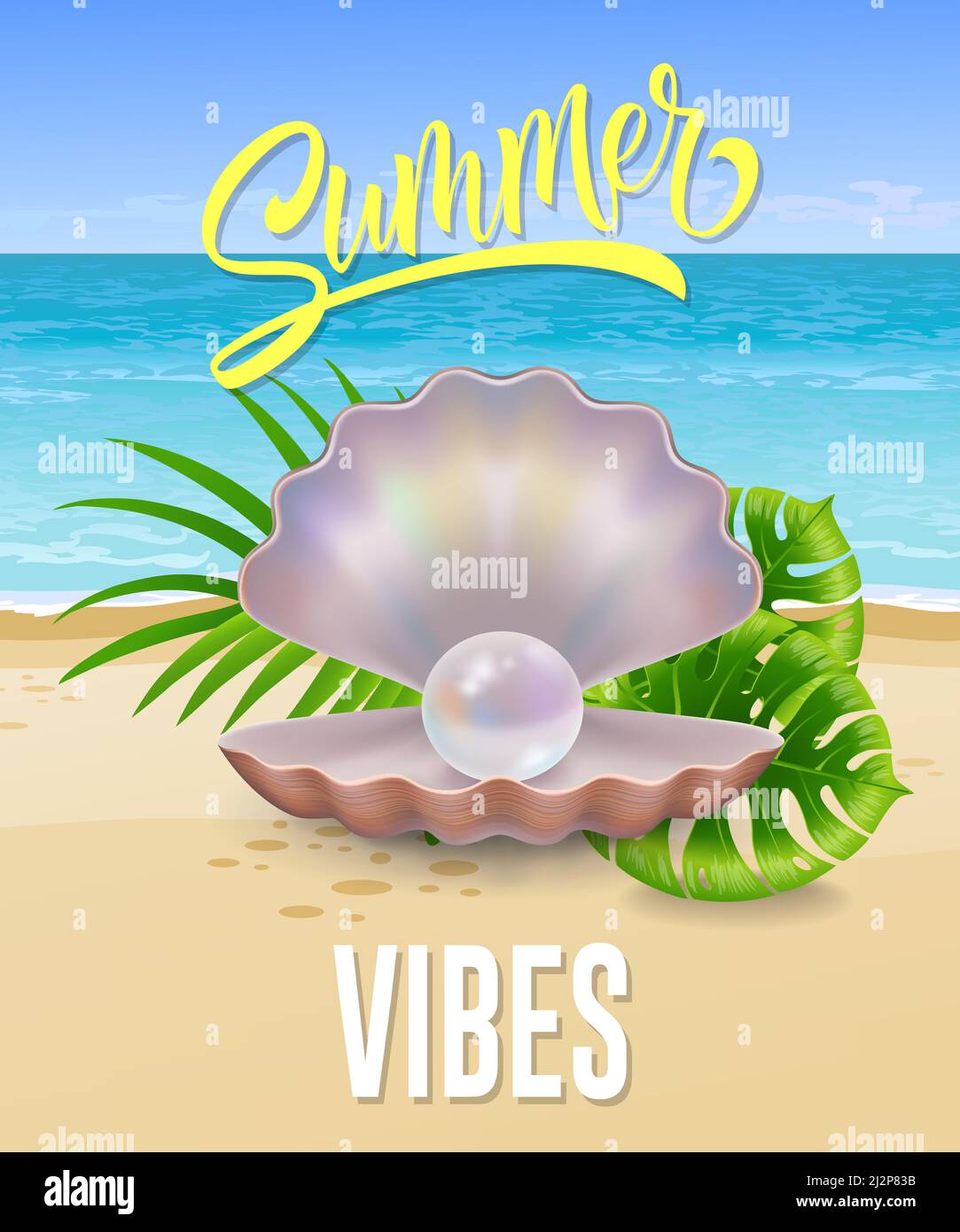 Summer vibes lettering with sea beach and pearl in shell. Summer offer ...