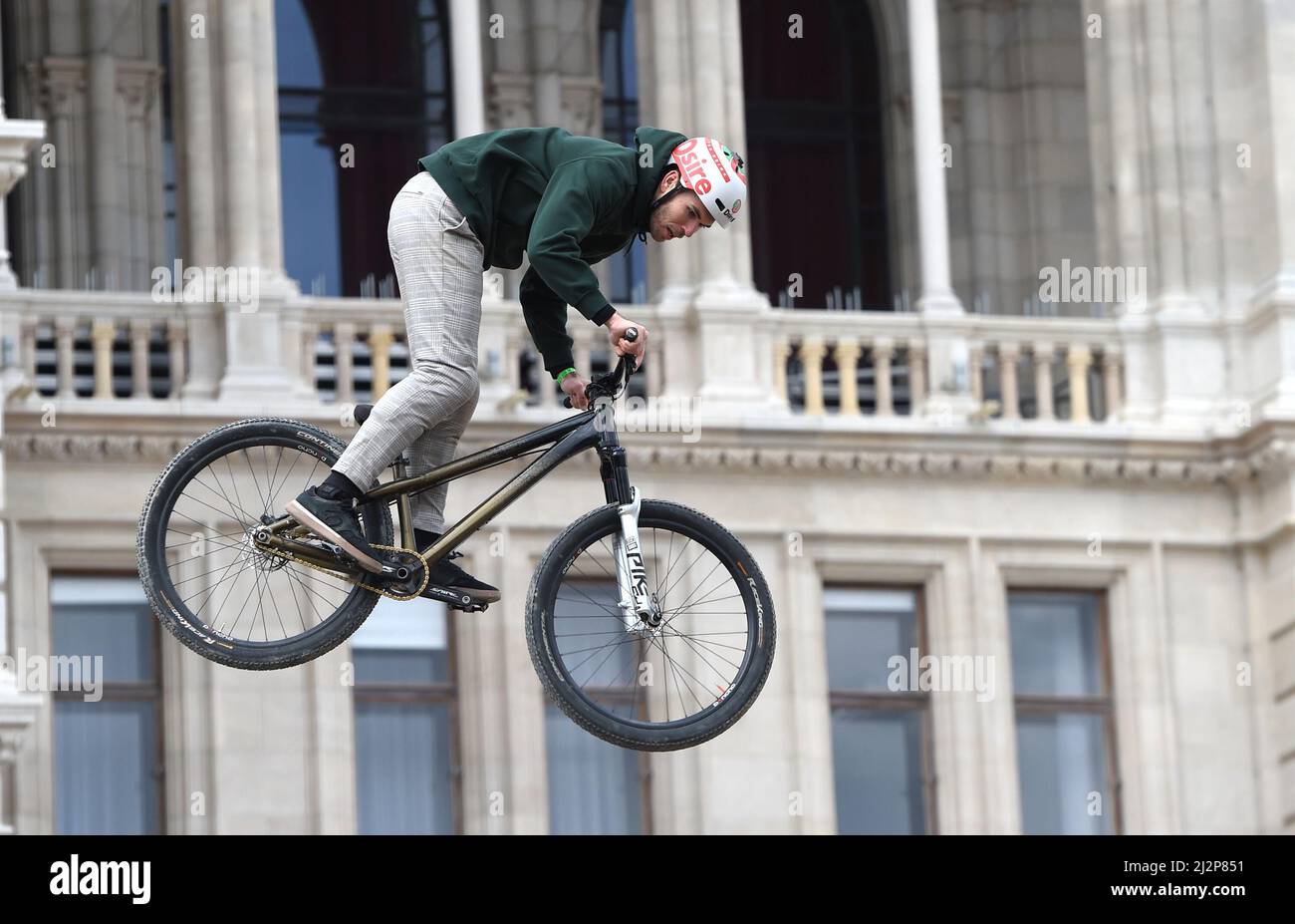 Vienna, Austria. 3rd Apr, 2022. A biker performs stunts during the ...