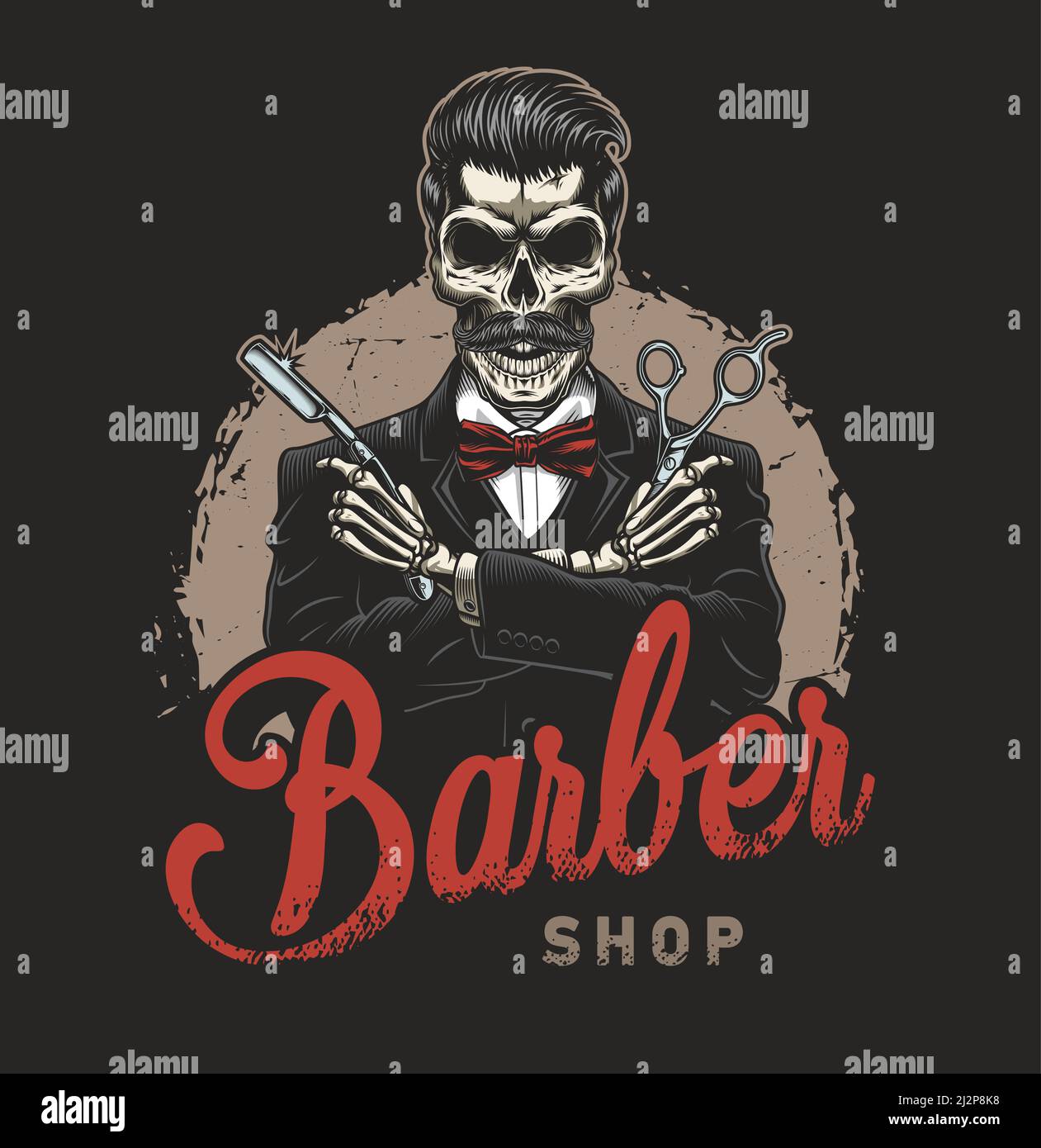 Vintage barbershop logotype with gentleman skeleton in tuxedo holding ...