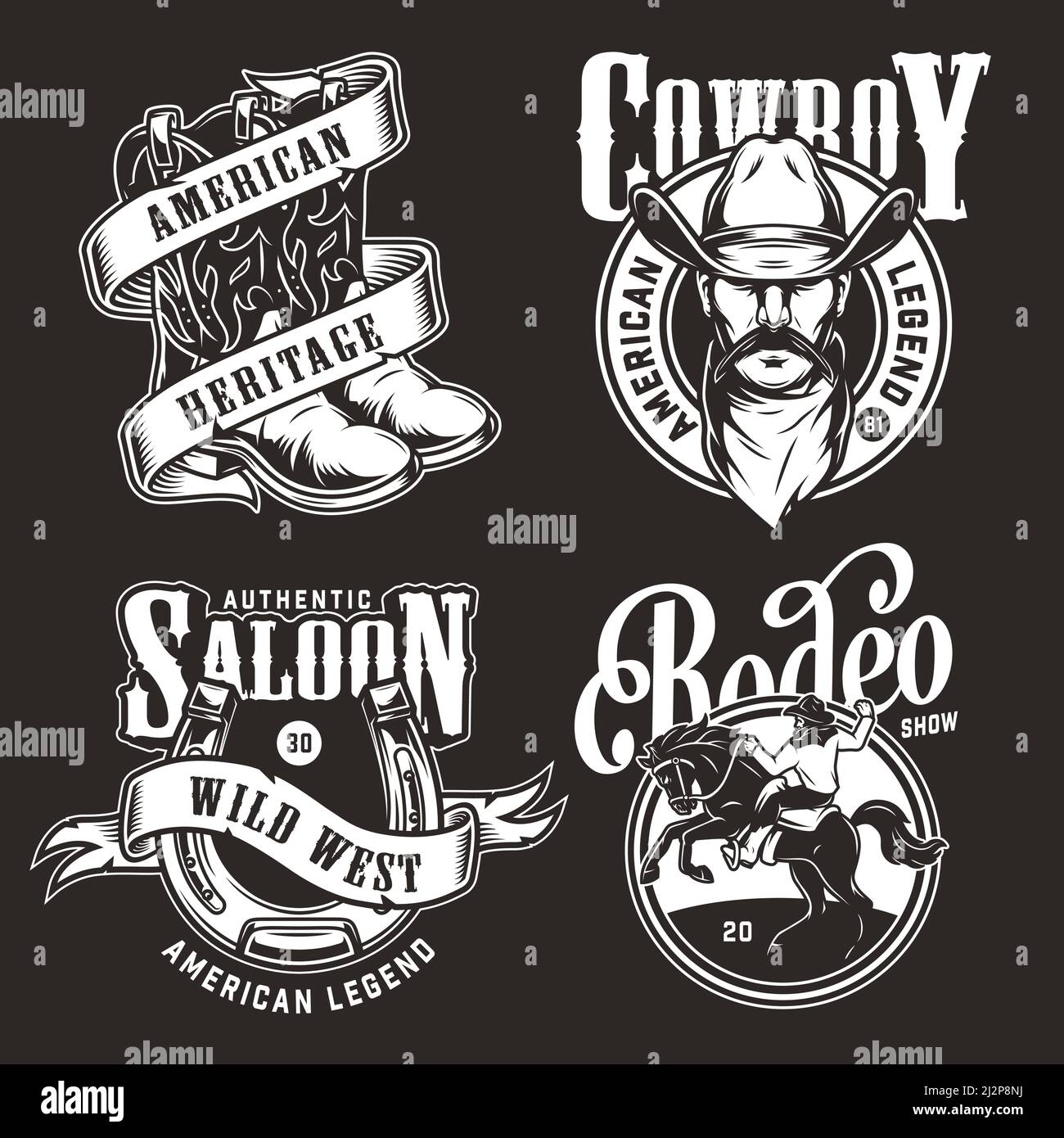 Monochrome wild west labels with cowboy and rodeo vintage emblems and ...