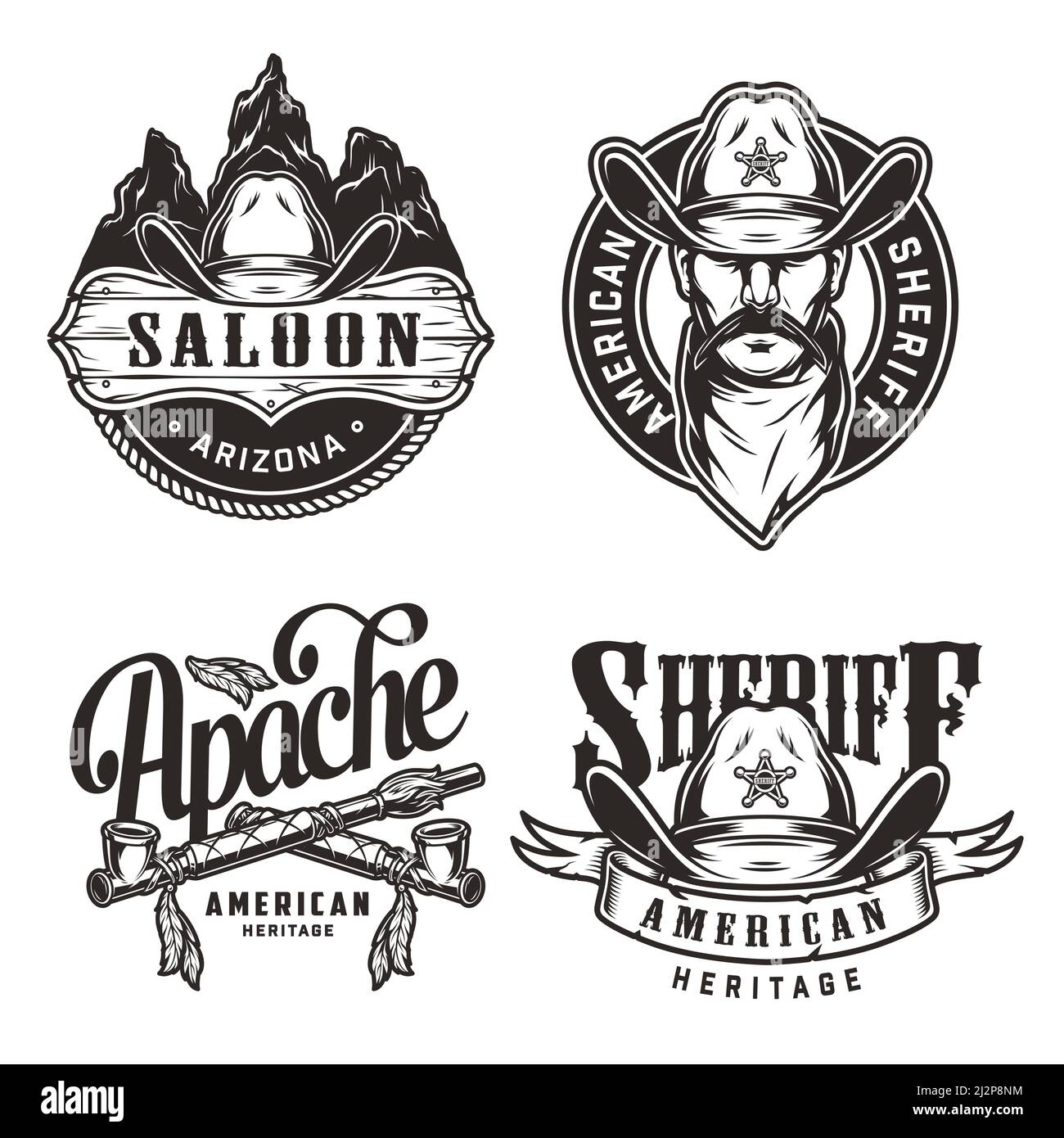 Vintage wild west labels set with cowboy and sheriff hats crossed ...