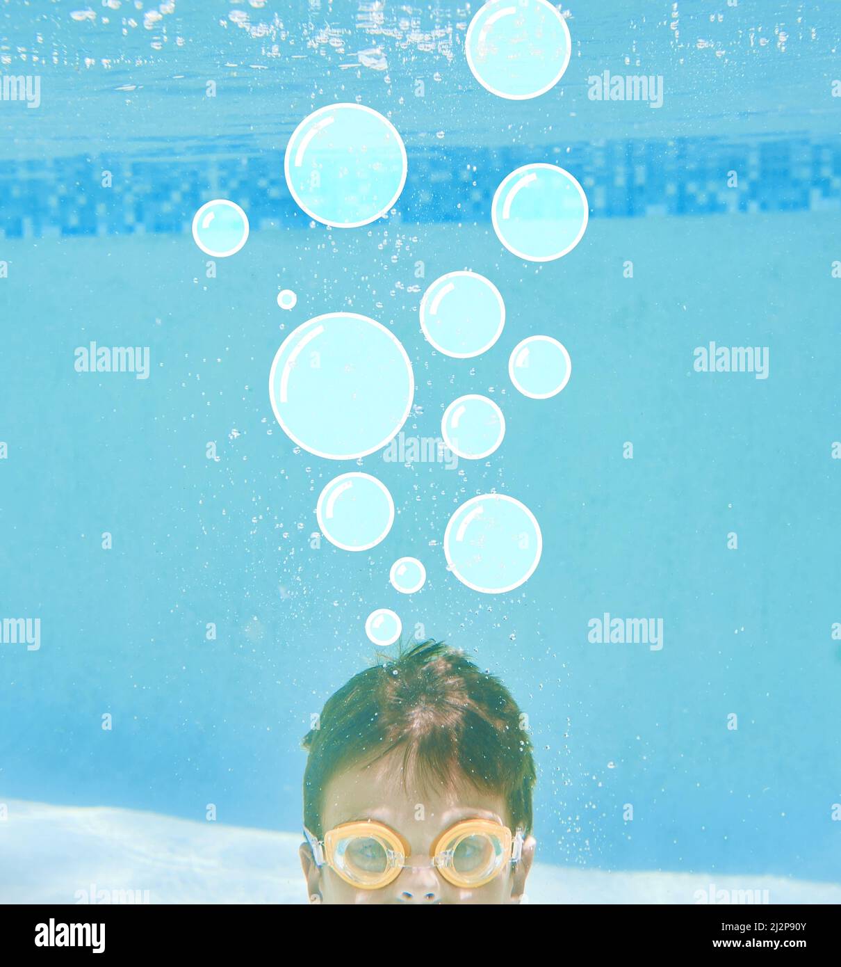 Whats on your mind. Shot of a little boy swimming underwater with ...